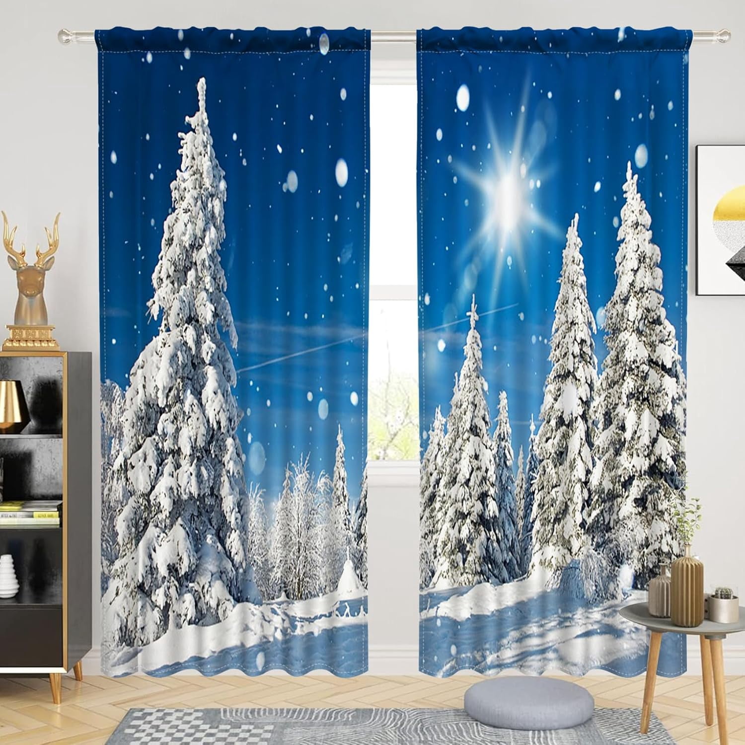 53 x 84 Inch Winter Frozen Cedar Curtains Tiers Snow Forest Sun Rays ...