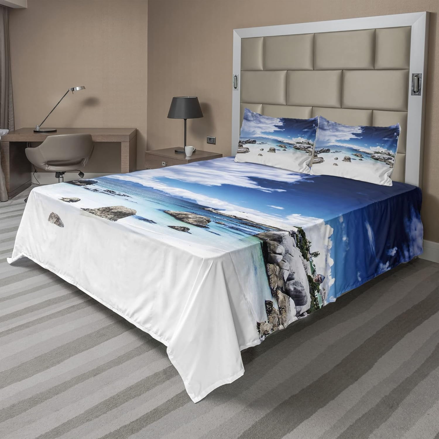 532||Landscape Sheet Set, Ocean Seascape Peaceful Beach with Rocks and ...