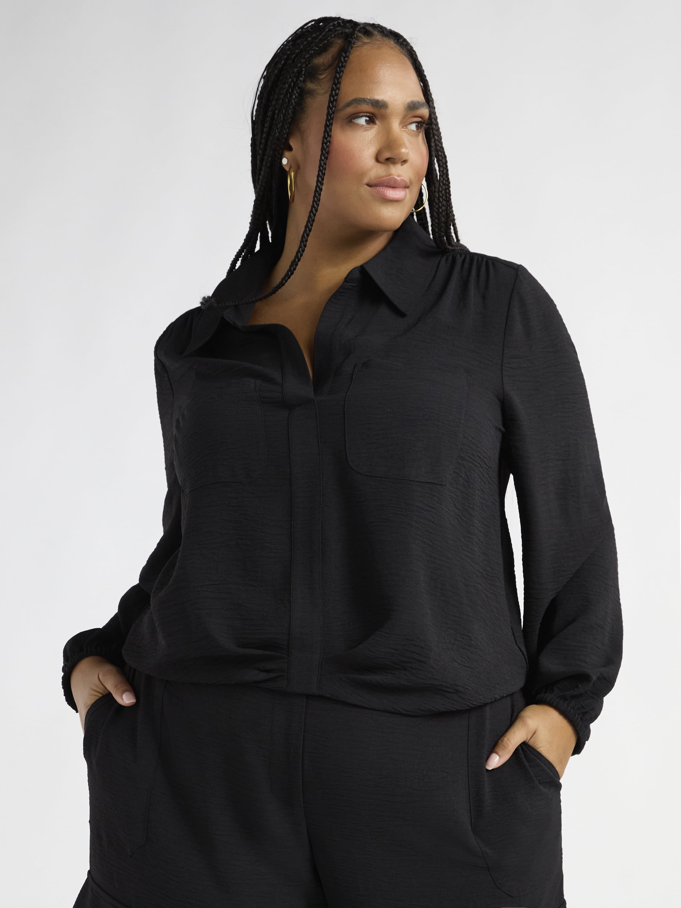 Sofia Jeans Women's and Women's Plus Utility Blouse with Long Sleeves ...