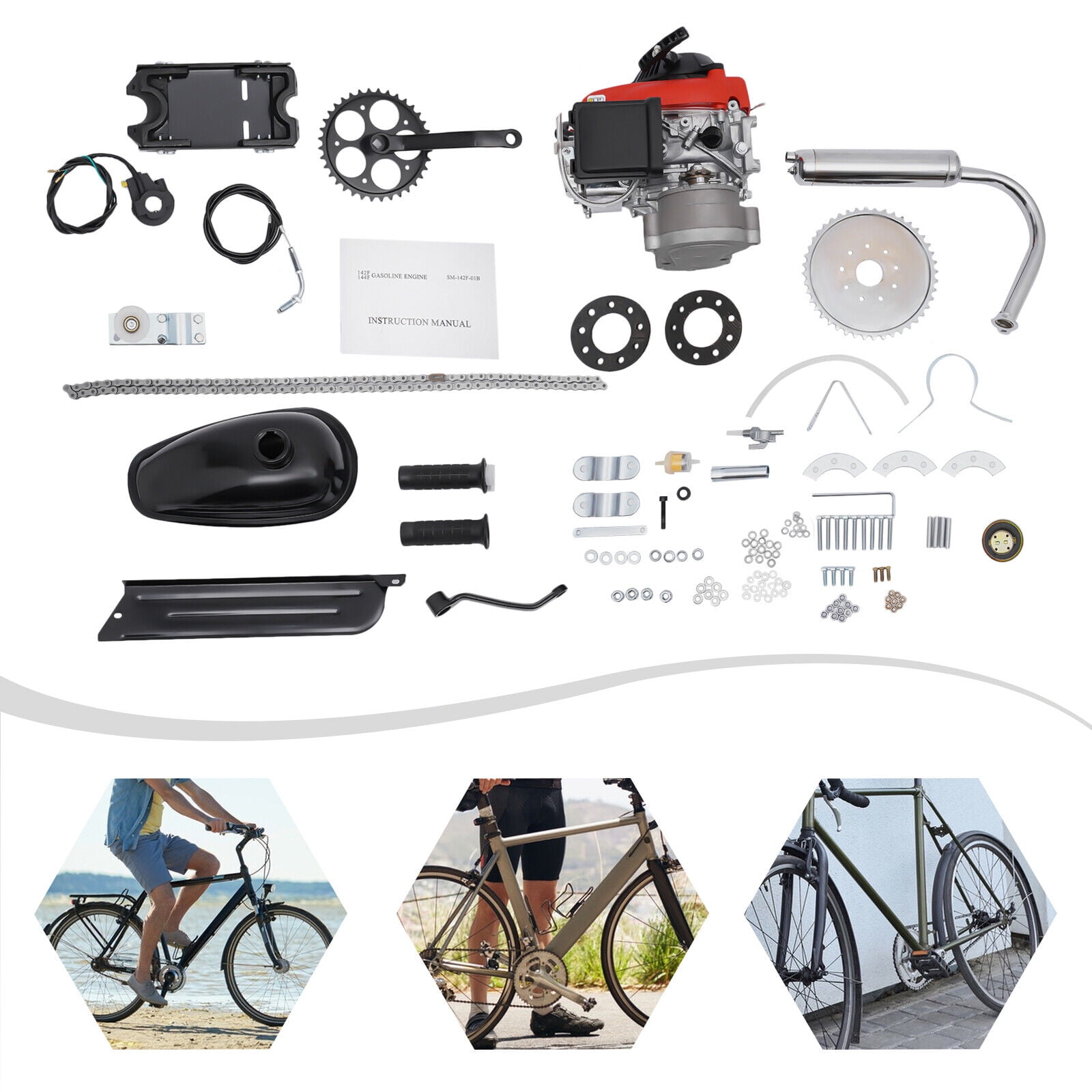 53CC Gas 4 Stroke Petrol Motorized Bicycle Engine Motor Kit Chain Drive ...