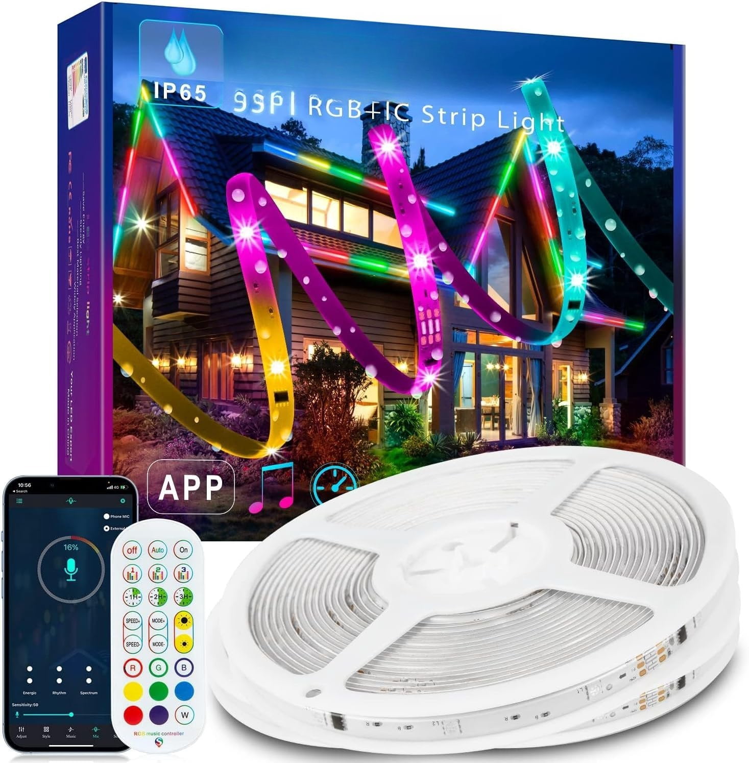 53FT Continuous RGB+IC Outdoor Led Strip Lights with RF Remote & Music ...
