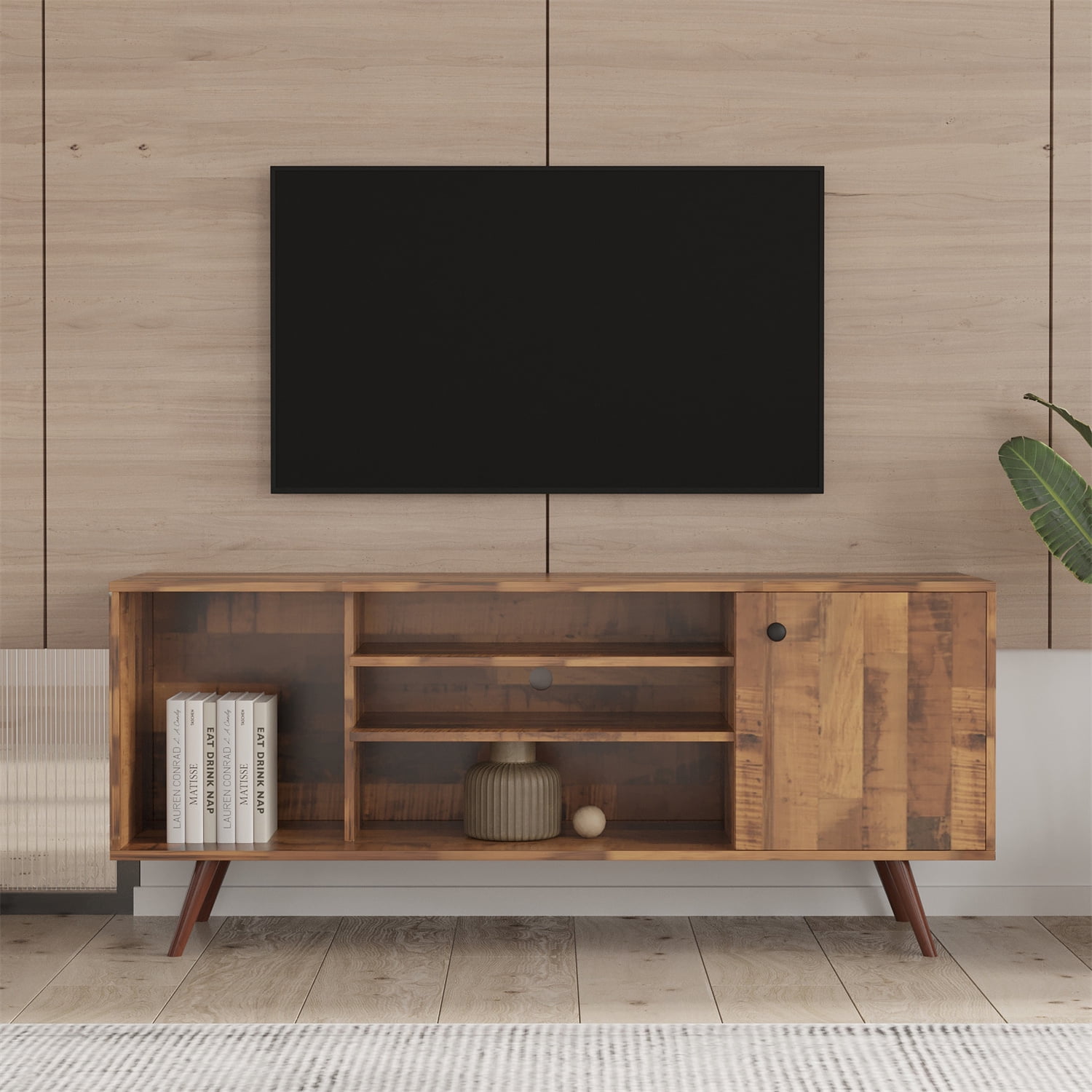 53inch Storage TV Stand with 1 Cabinet and 2 Shelves, Wood Media Storage Console, Flat Screen TV ...
