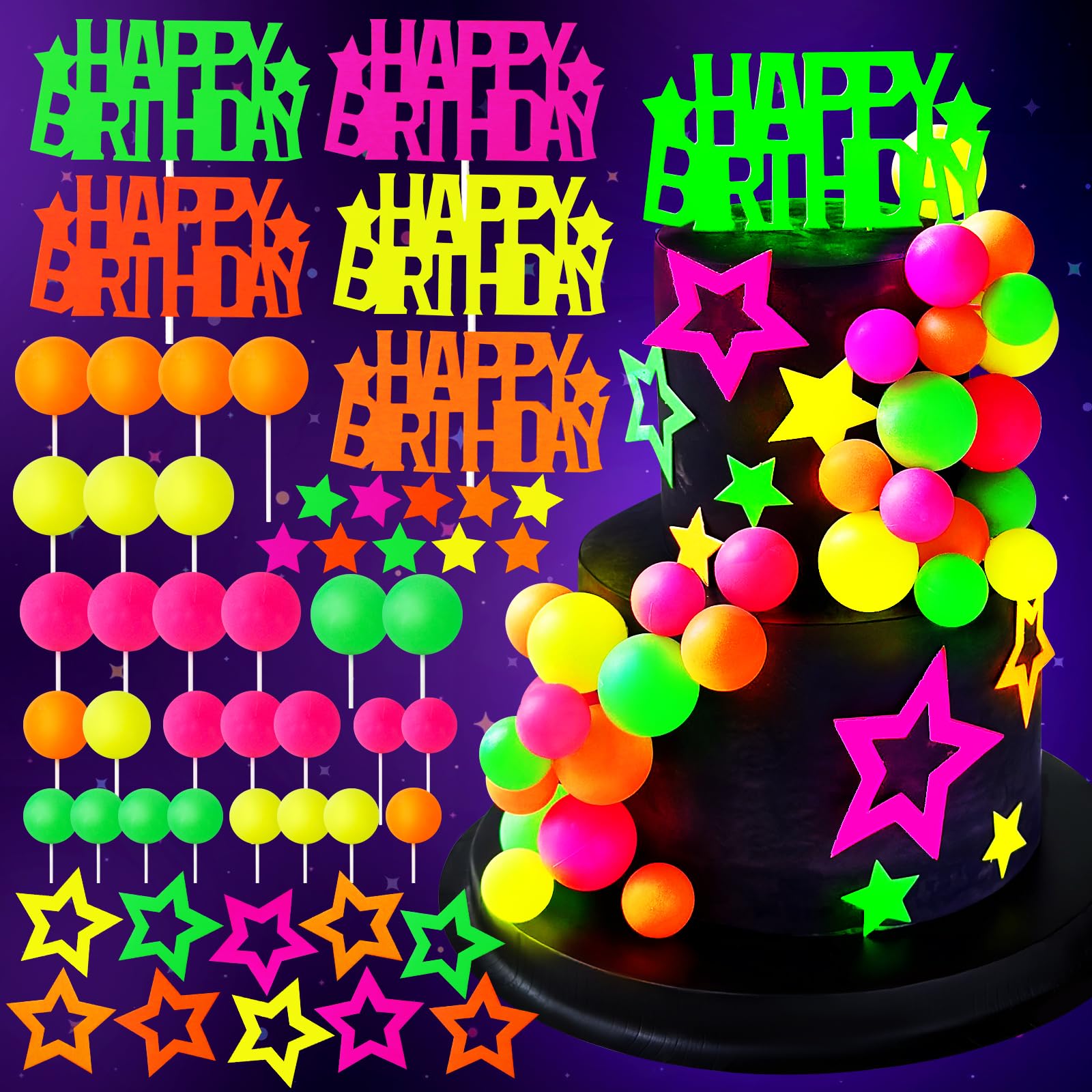 53pcs Neon Cake FEV6 Decorations Glow Cake Toppers with Ball Star and ...