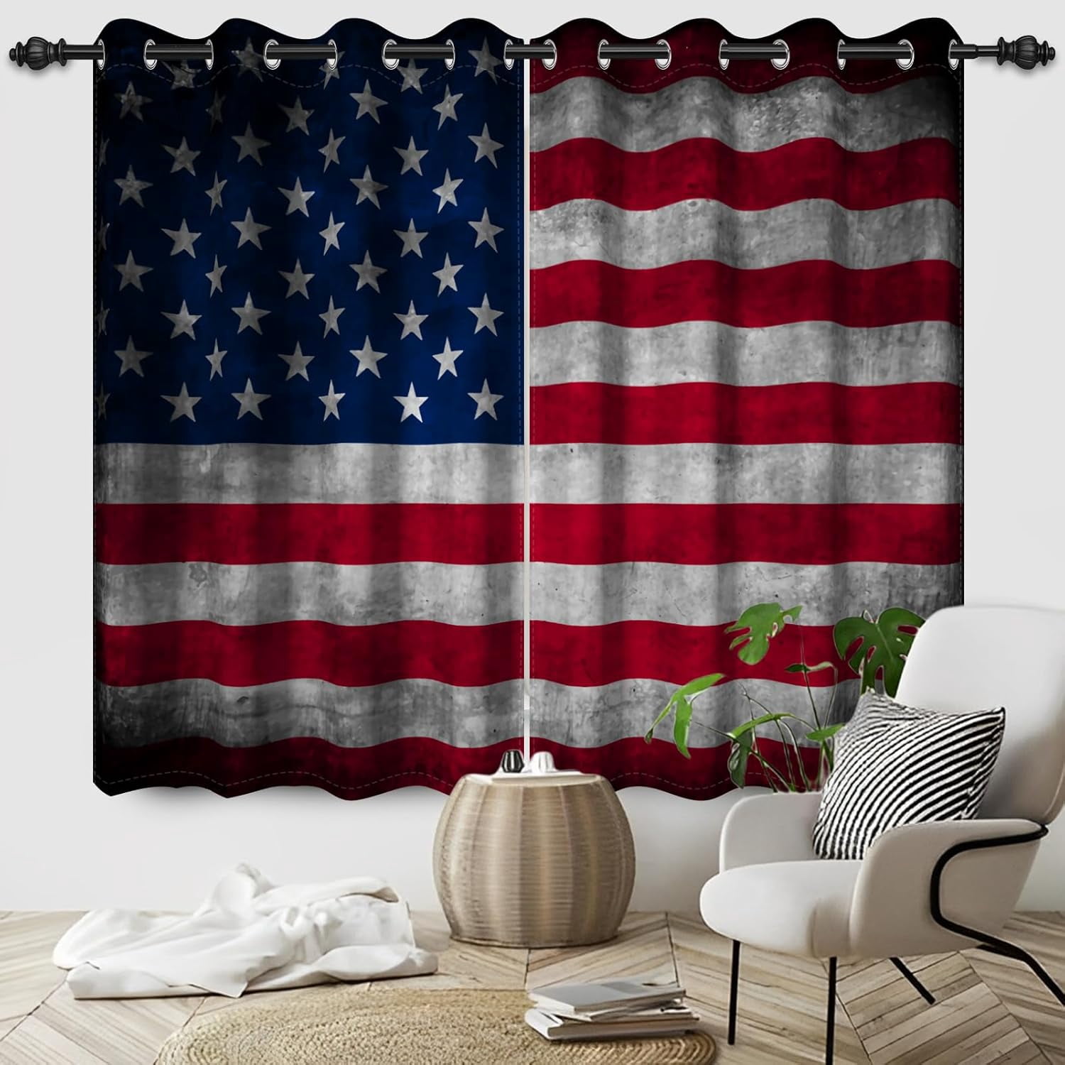 53x63inch American Flag Themed Window Curtain Red White Stripes Blue ...