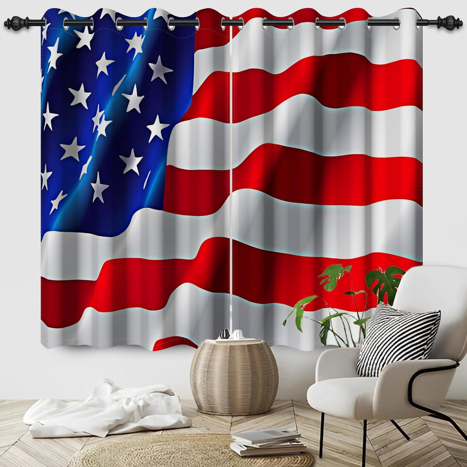 53x96inch American Flag Themed Window Curtain Red White Stripes Blue ...