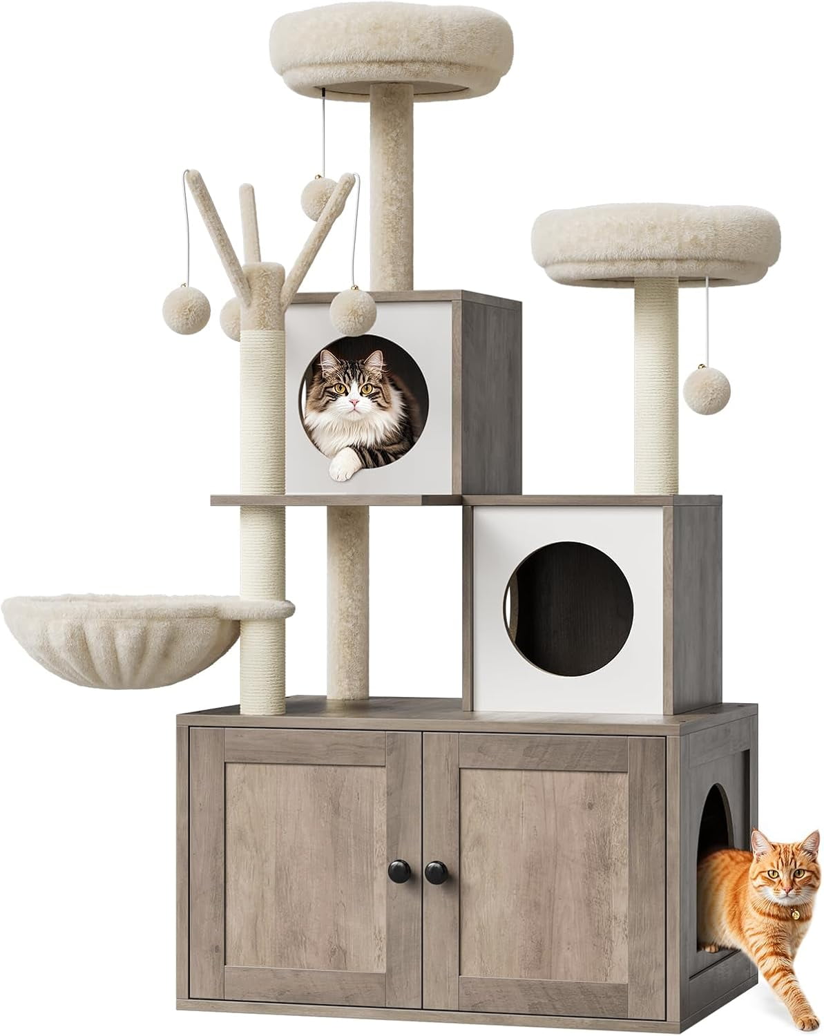 54.3-Inch Cat Tree with Litter Box Enclosure 2-in-1 Modern Cat Tower ...