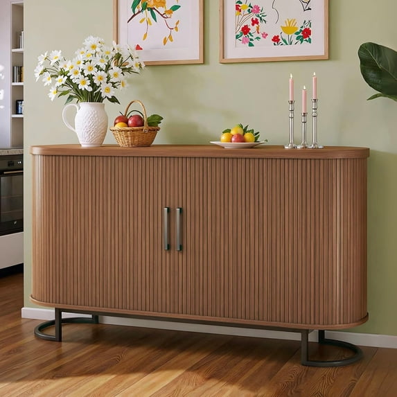 54.3-Inch Walnut Sideboard Buffet Cabinet with Sliding Door and ...