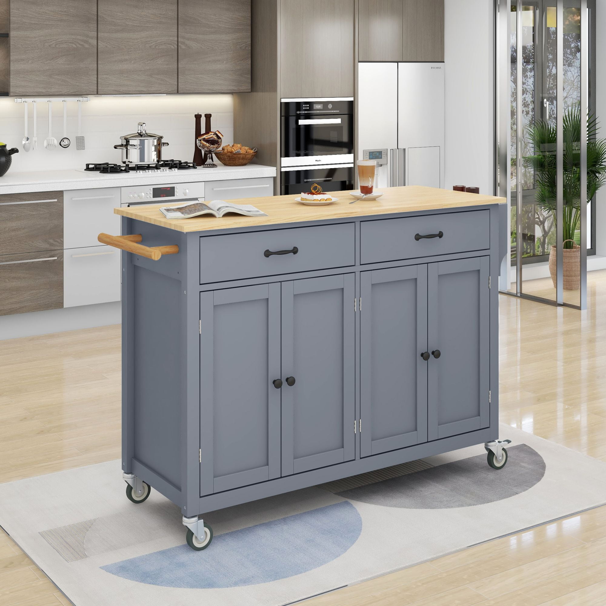 54.3" Kitchen Island Cart with Solid Wood Top and Locking Wheels, Large ...