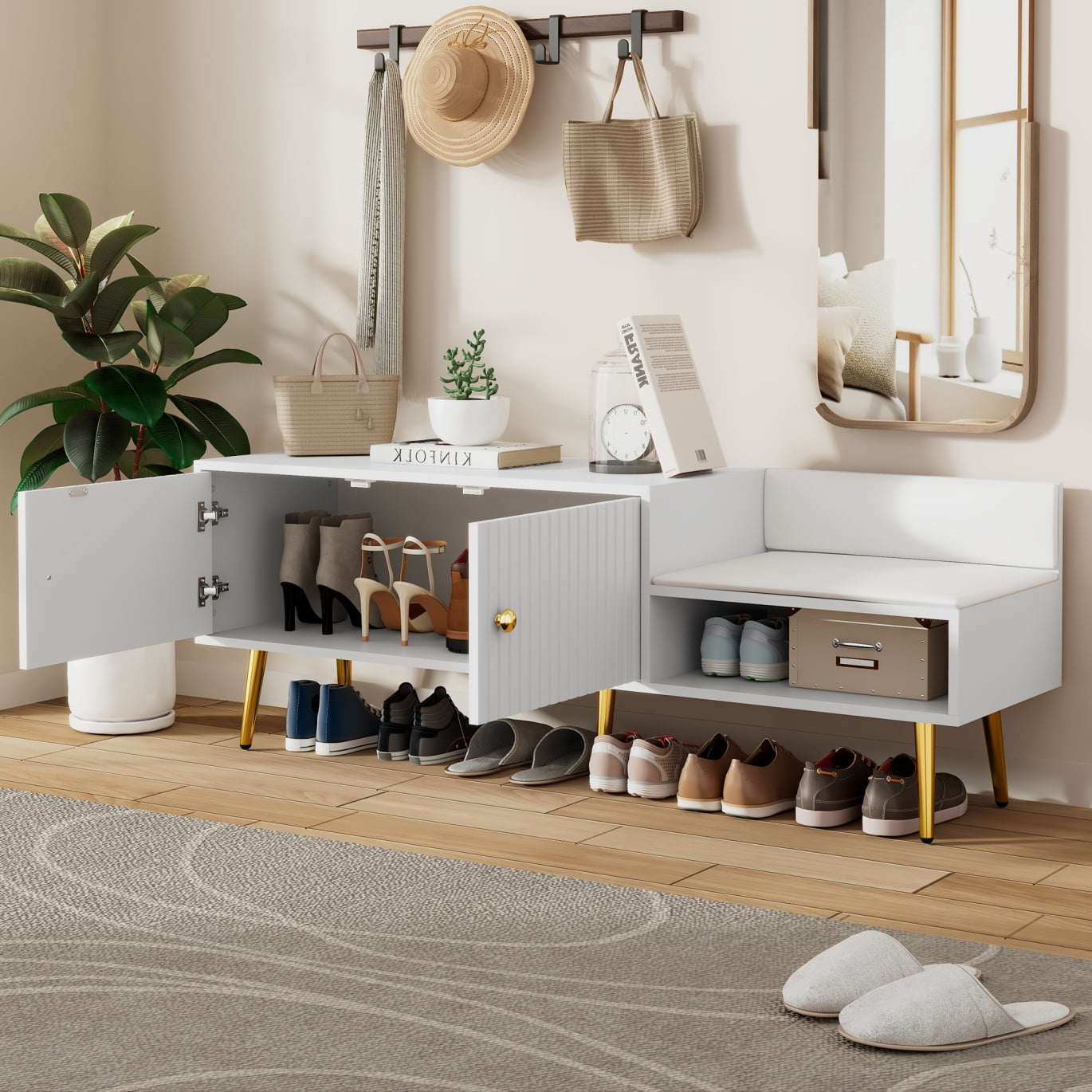 54.3" Shoe Bench with Upholstered Cushion, Wooden Entryway Bench with ...