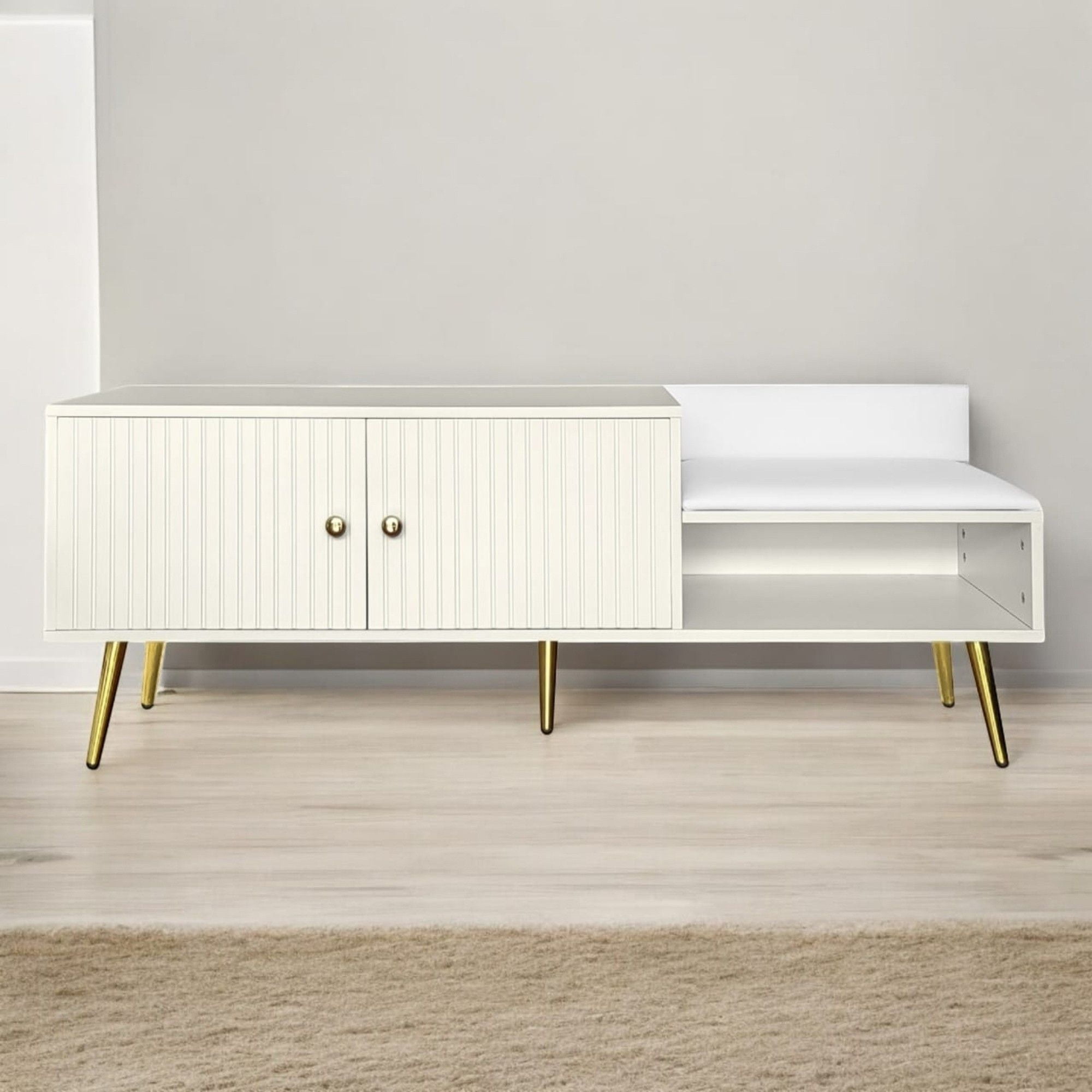 54.30 inch Mid-Century Modern Entryway Bench with Storage Cabinet and ...