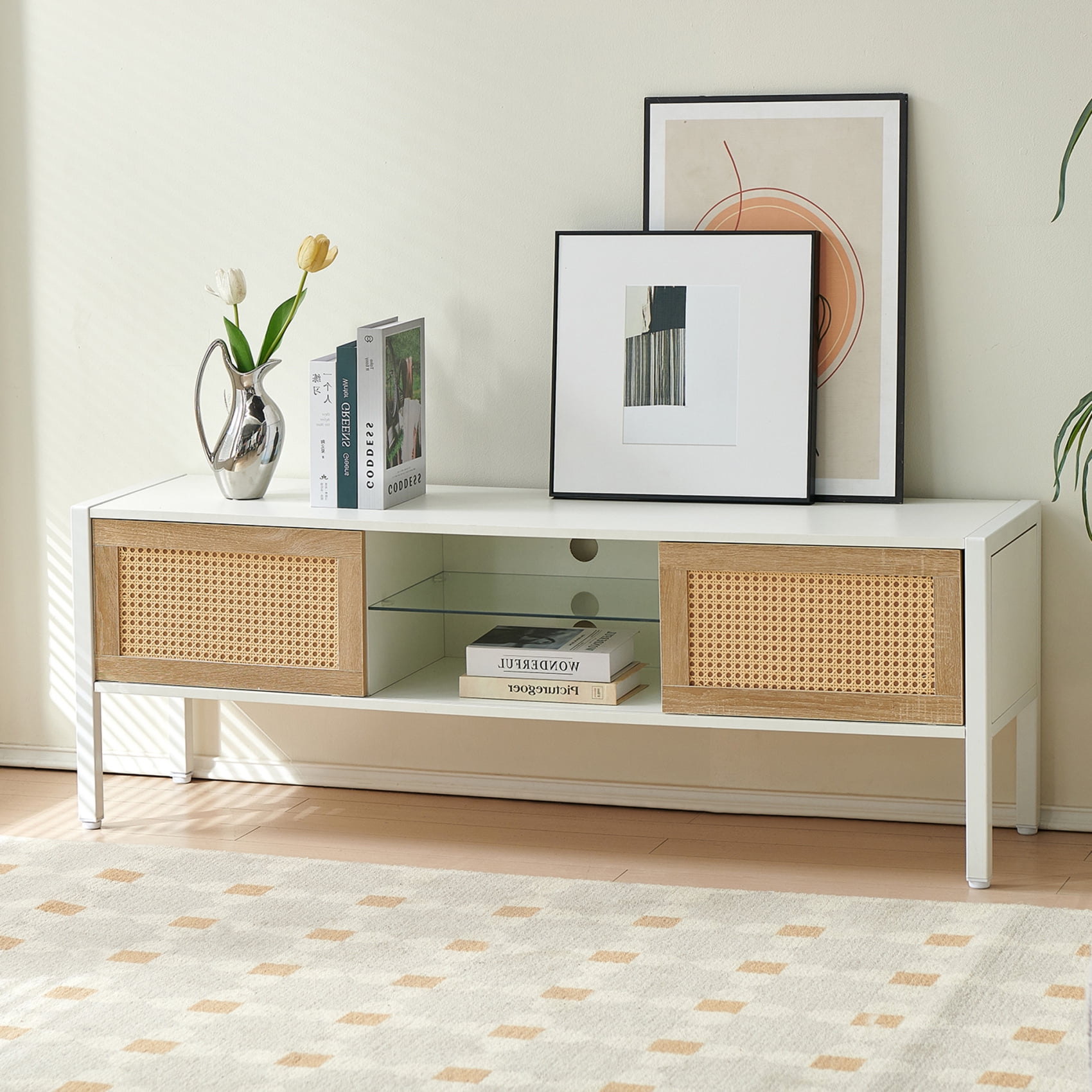 54.33" Rattan TV Cabinet, Modern Console Table with Double Storage ...