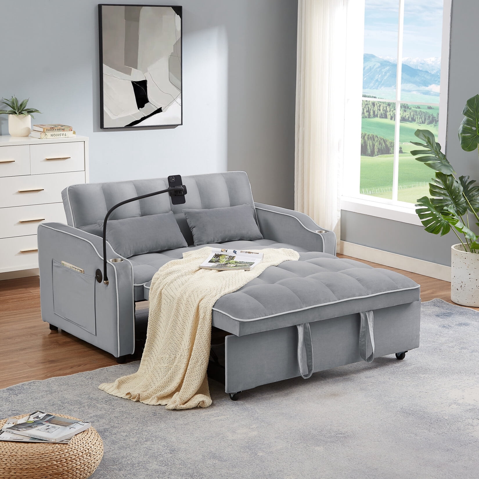 54.72" Convertible Sofa Bed, Modern Pull-Out Bed with Adjustable Back ...