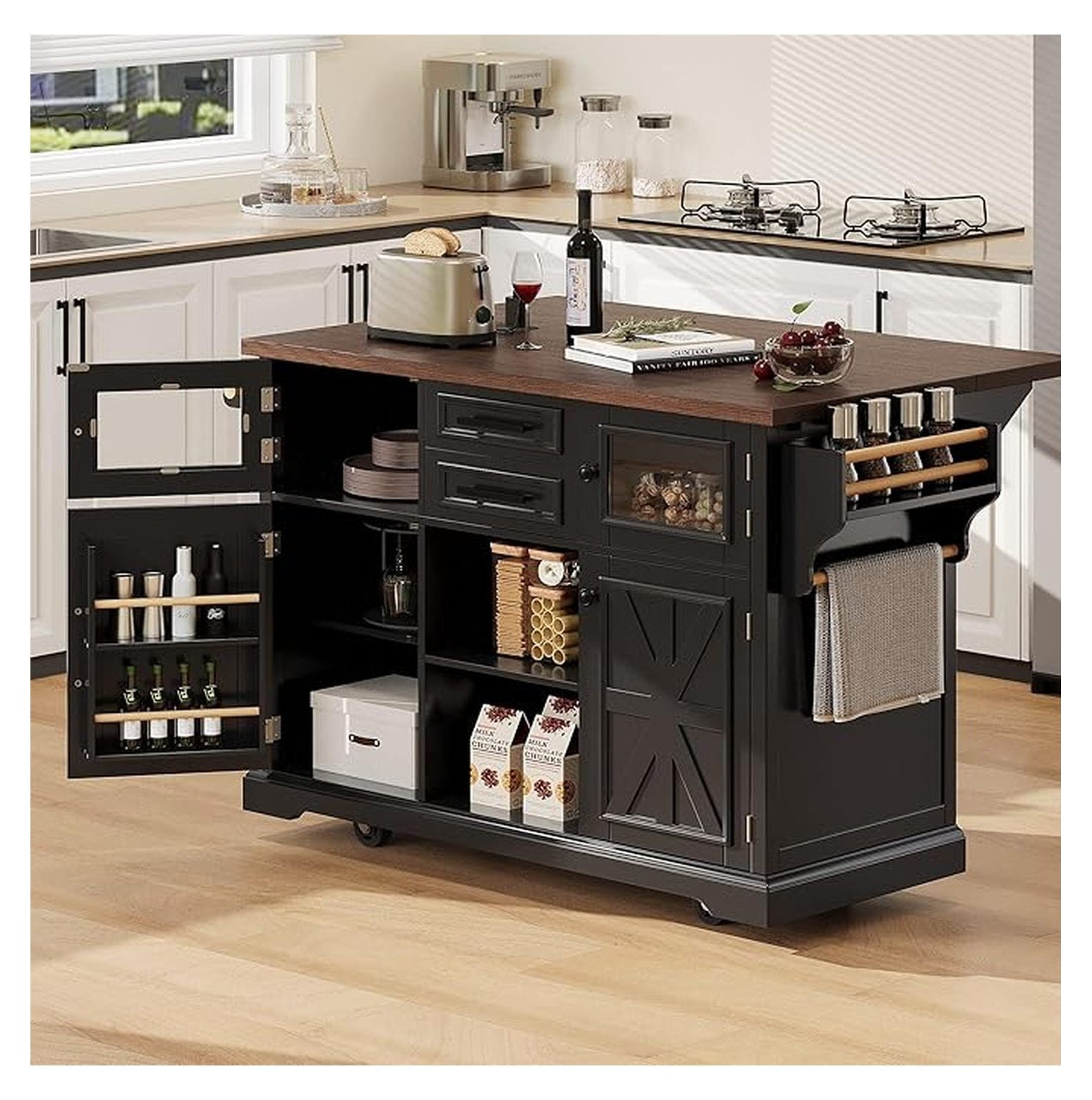 54.9" Kitchen Island on Wheels with Storage, Farmhouse Drop Leaf Cart ...