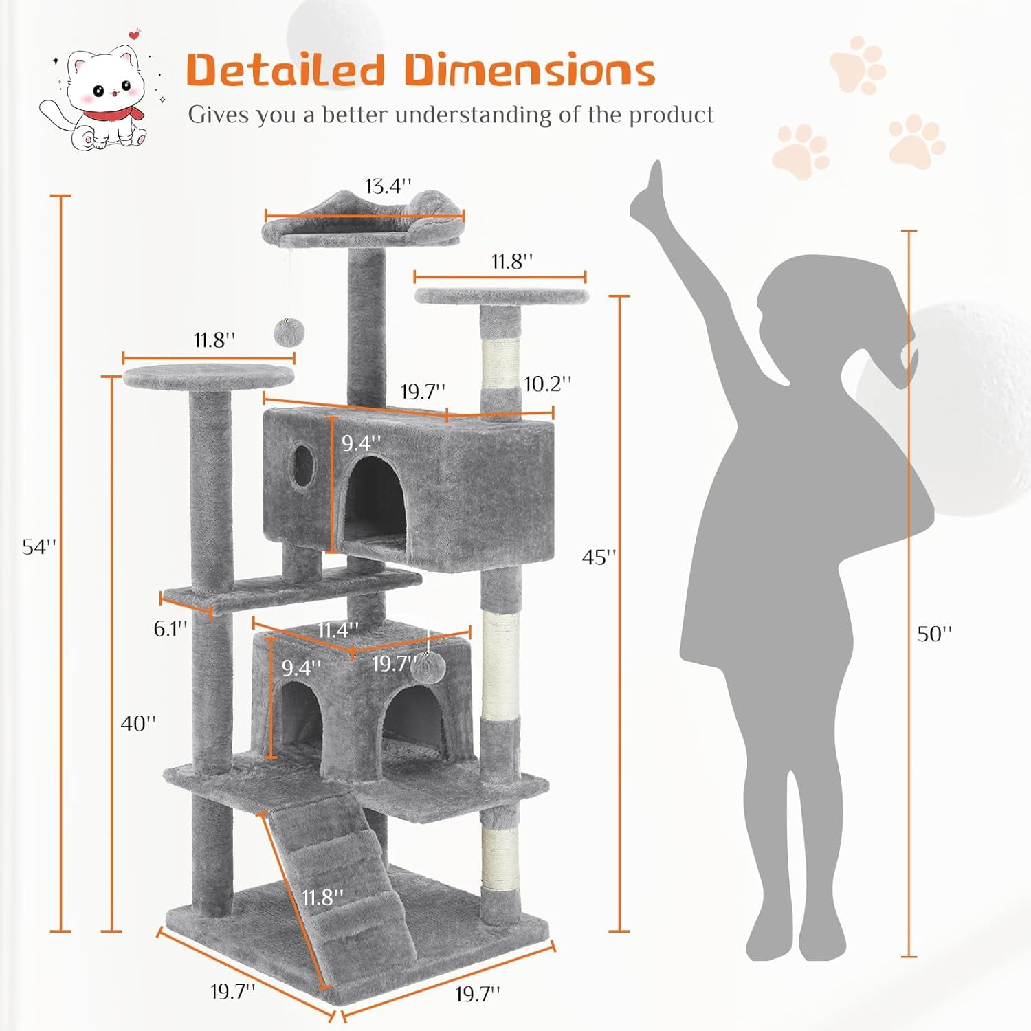 54" Cat Tree Tower with Sisal Posts - Multi-Level Cat Condo with Plush ...