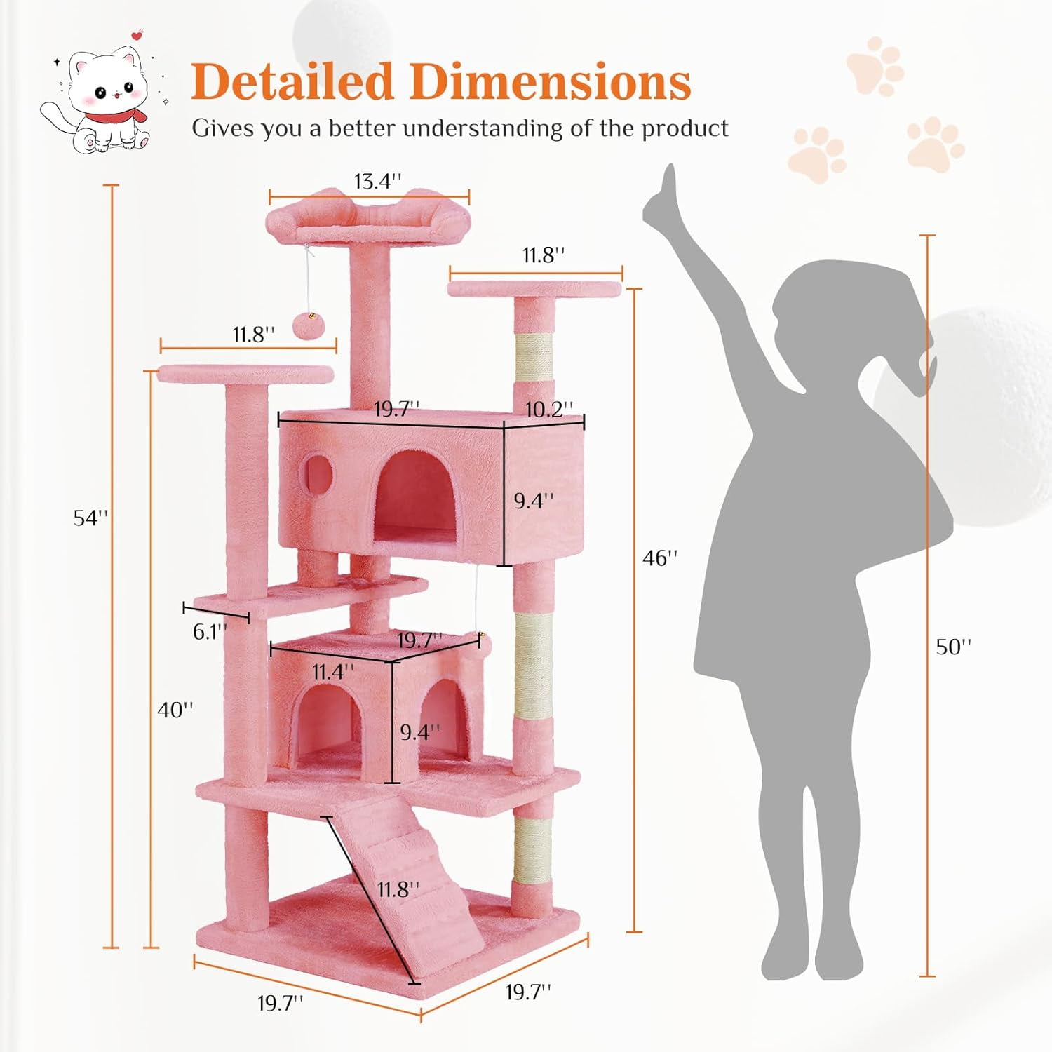 54" Cat Tree Tower with Sisal Posts - Multi-Level Cat Condo with Plush ...