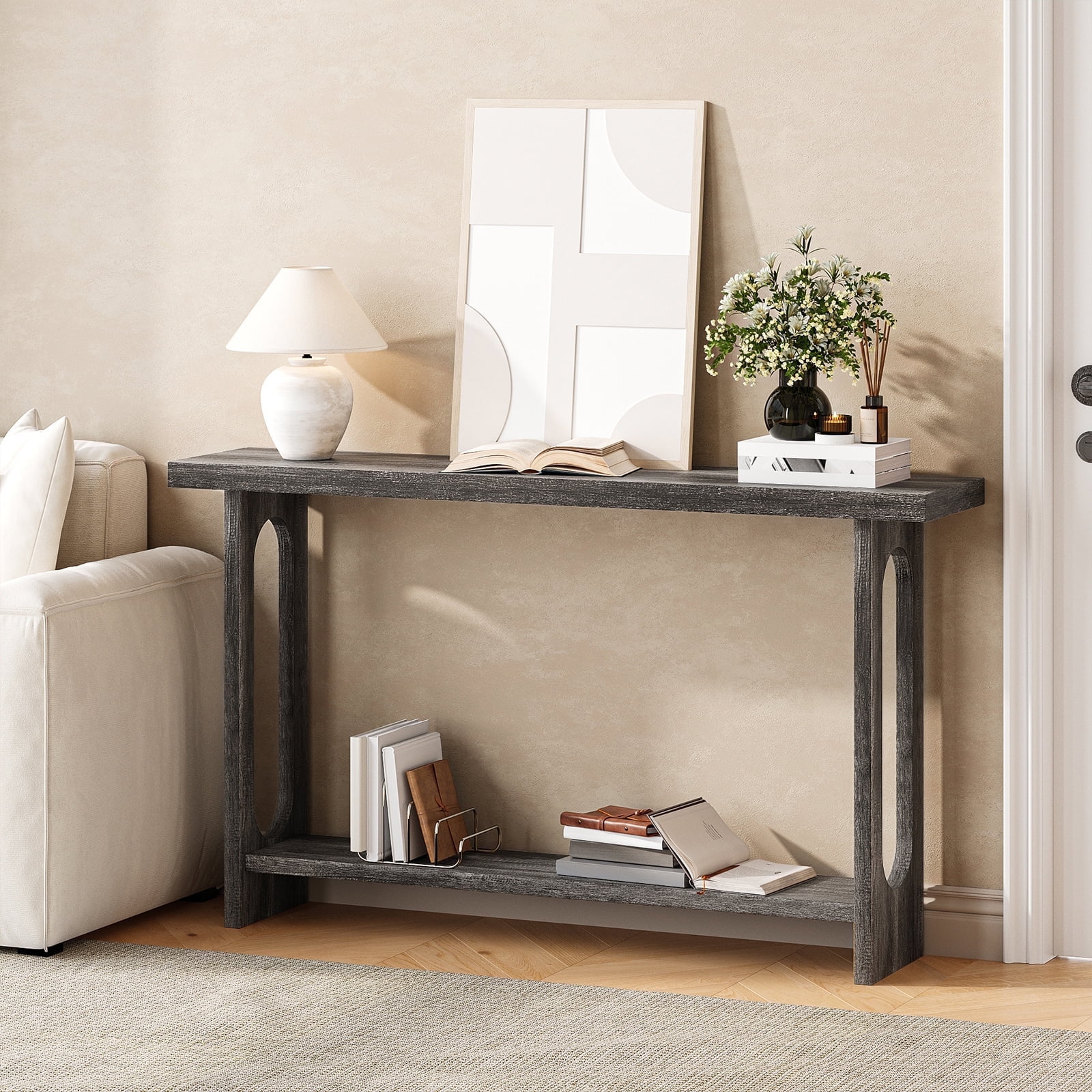 Tarnorci 54" Console Table, Solid Wood Edge Sofa Table with Storage Shelves, Narrow Entryway ...