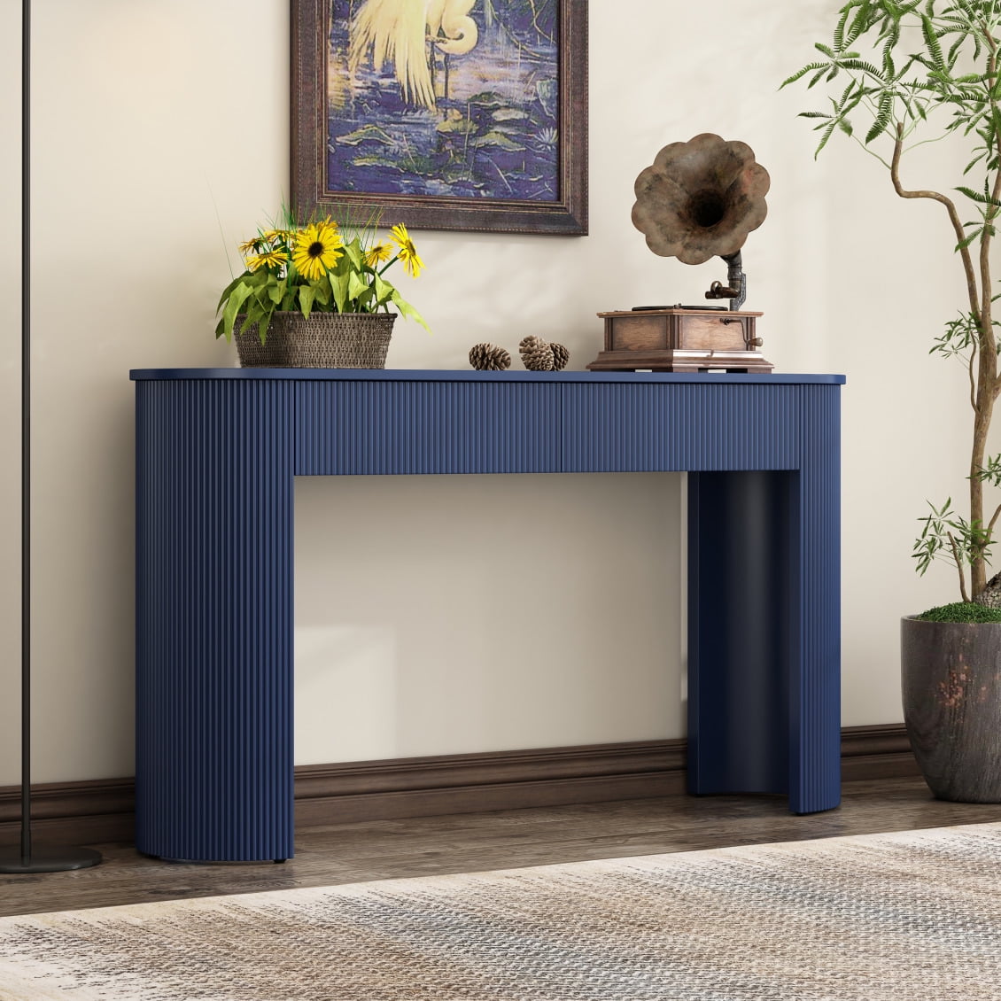 54" Curved Console Table with 2 Drawers, Modern Fluted Long Entryway ...