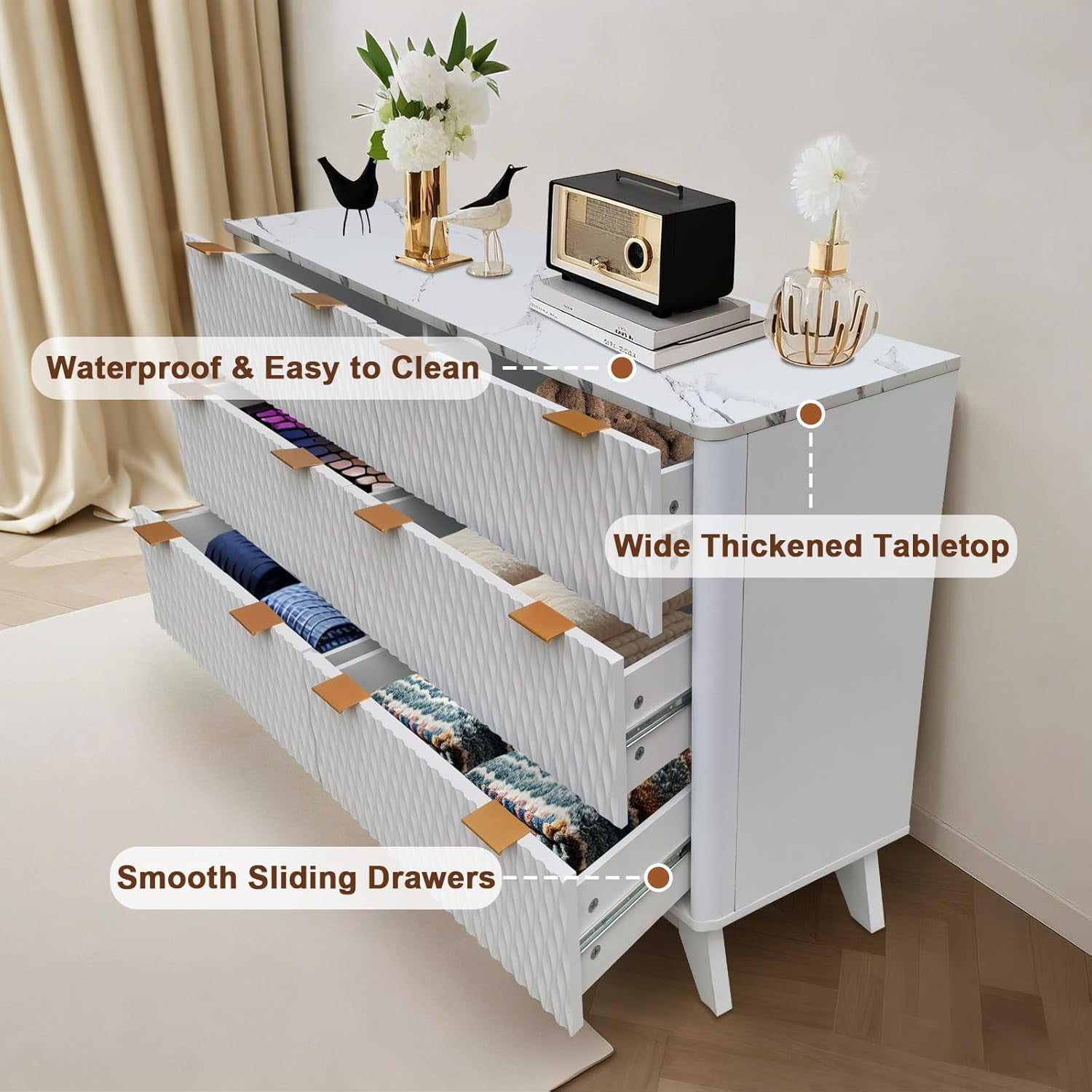 54" Drip Pattern 6-Drawer Chest with Faux Marble Top, Farmhouse Dresser ...