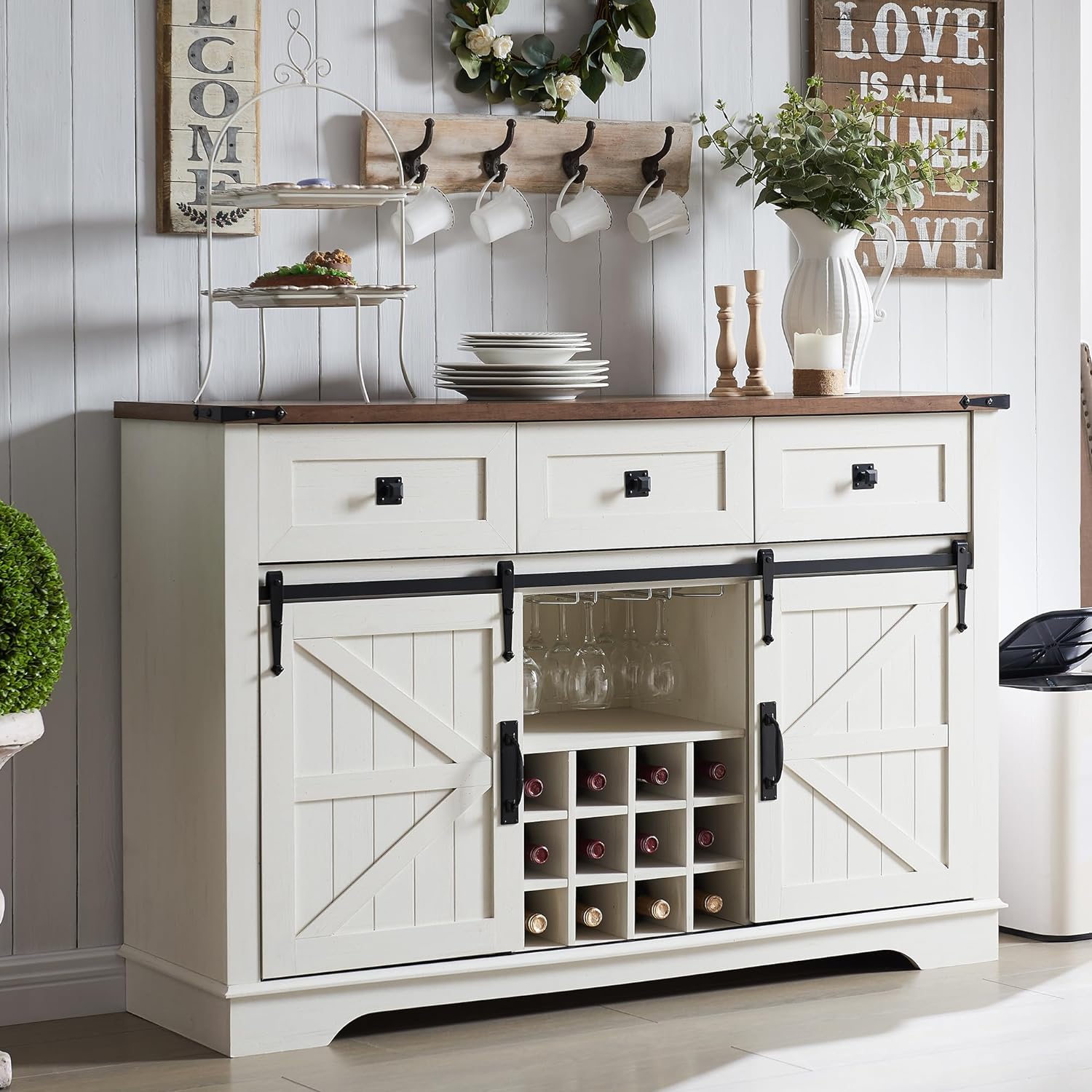 54" Farmhouse Buffet Cabinet with Storage, Large Kitchen Coffee Bar w ...