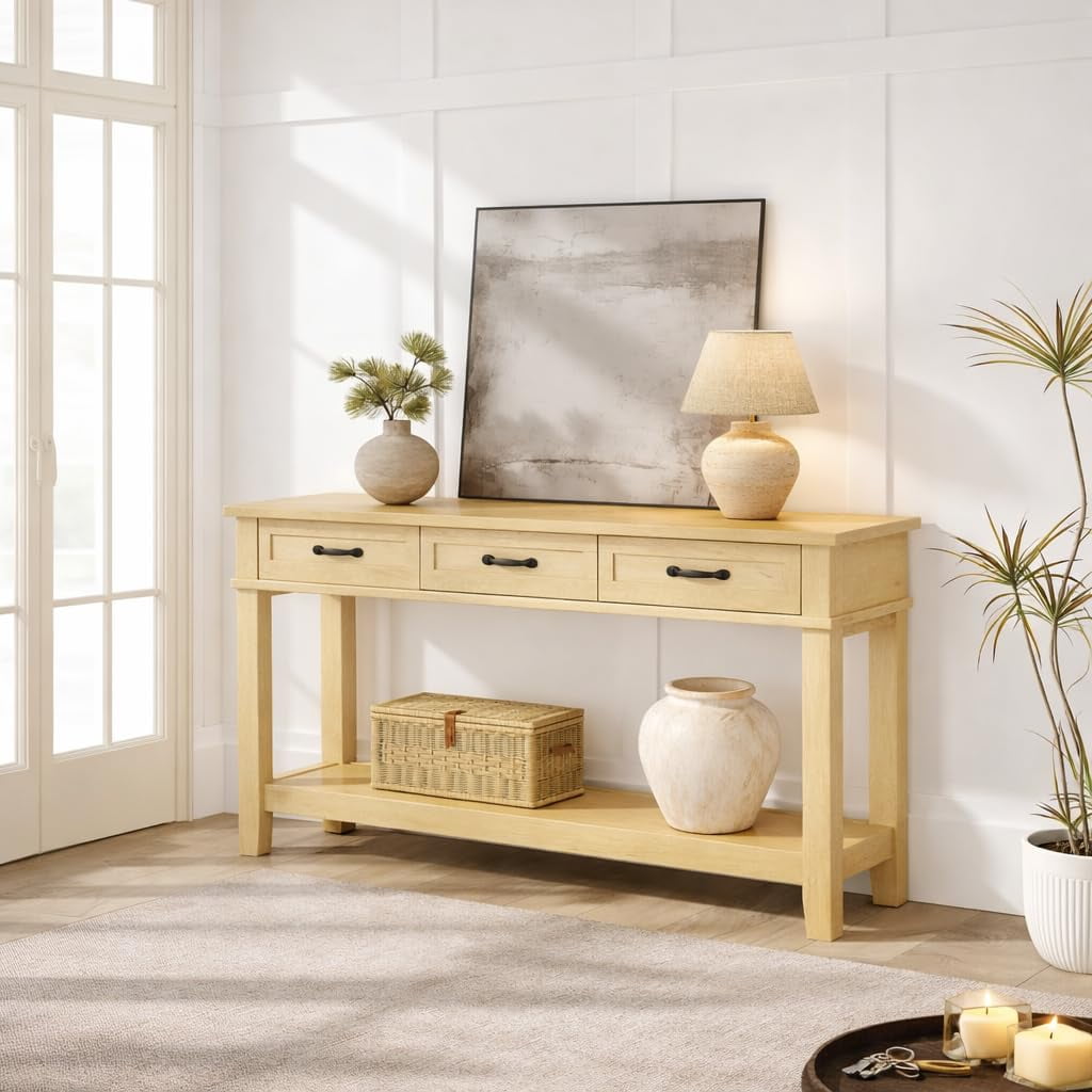 54" Farmhouse Console Table – Grey Entryway Table with 3 Drawers, 3 ...
