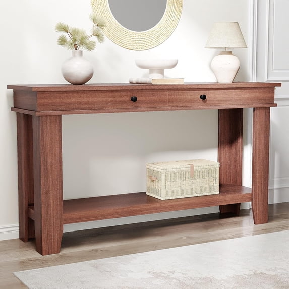 54" Farmhouse Wooden Console Table with 2 Drawers & Open Shelf ...