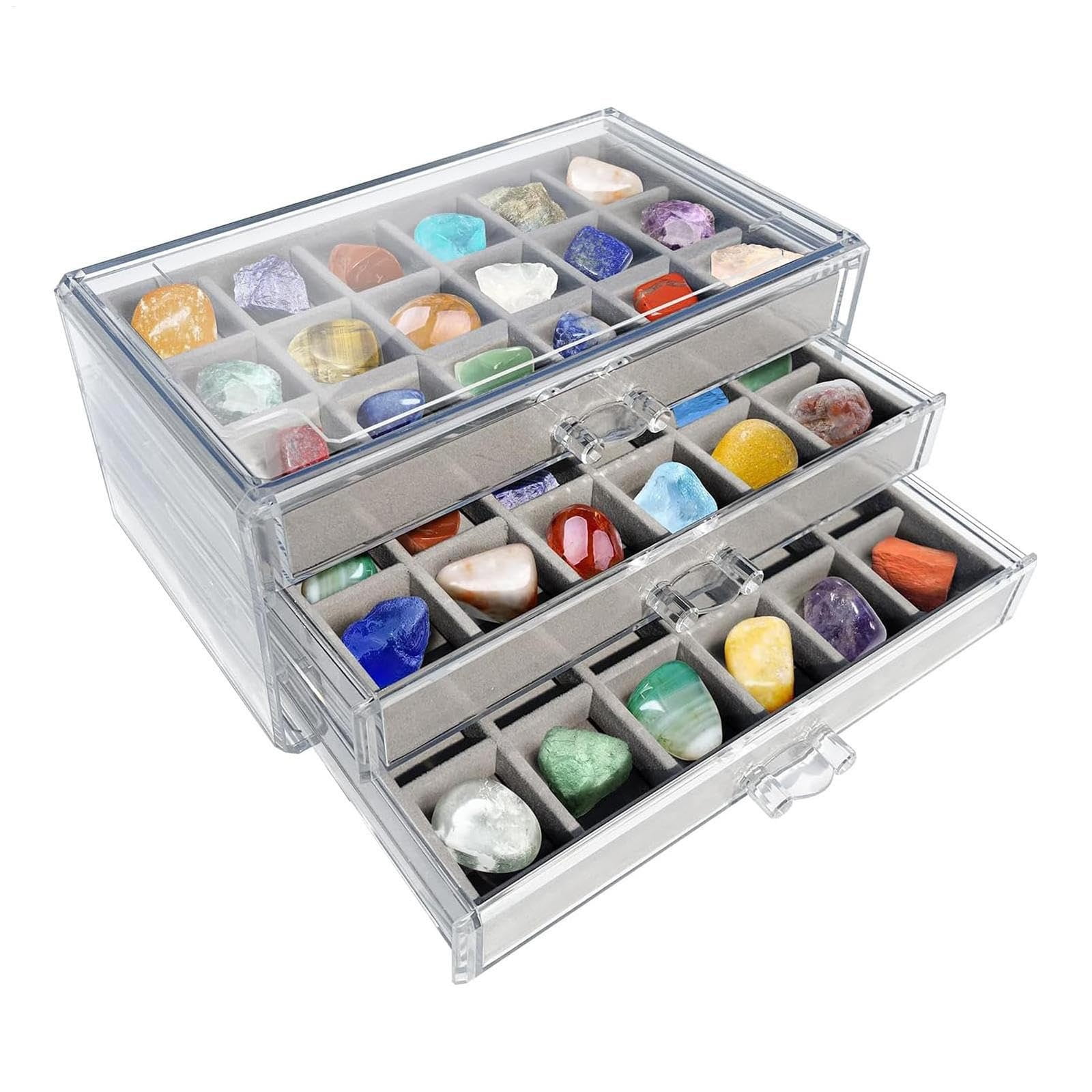54 Grid Sections Rock Display Case, 3 Drawers Gemstone Collection Box ...