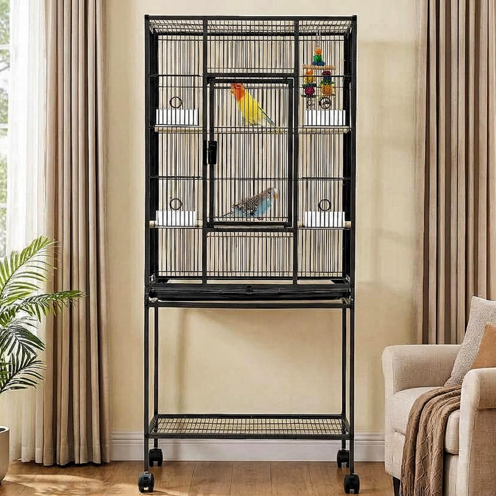 54" H Large Bird Cage, Bird Cage with Rolling Storage Stands, Feed ...