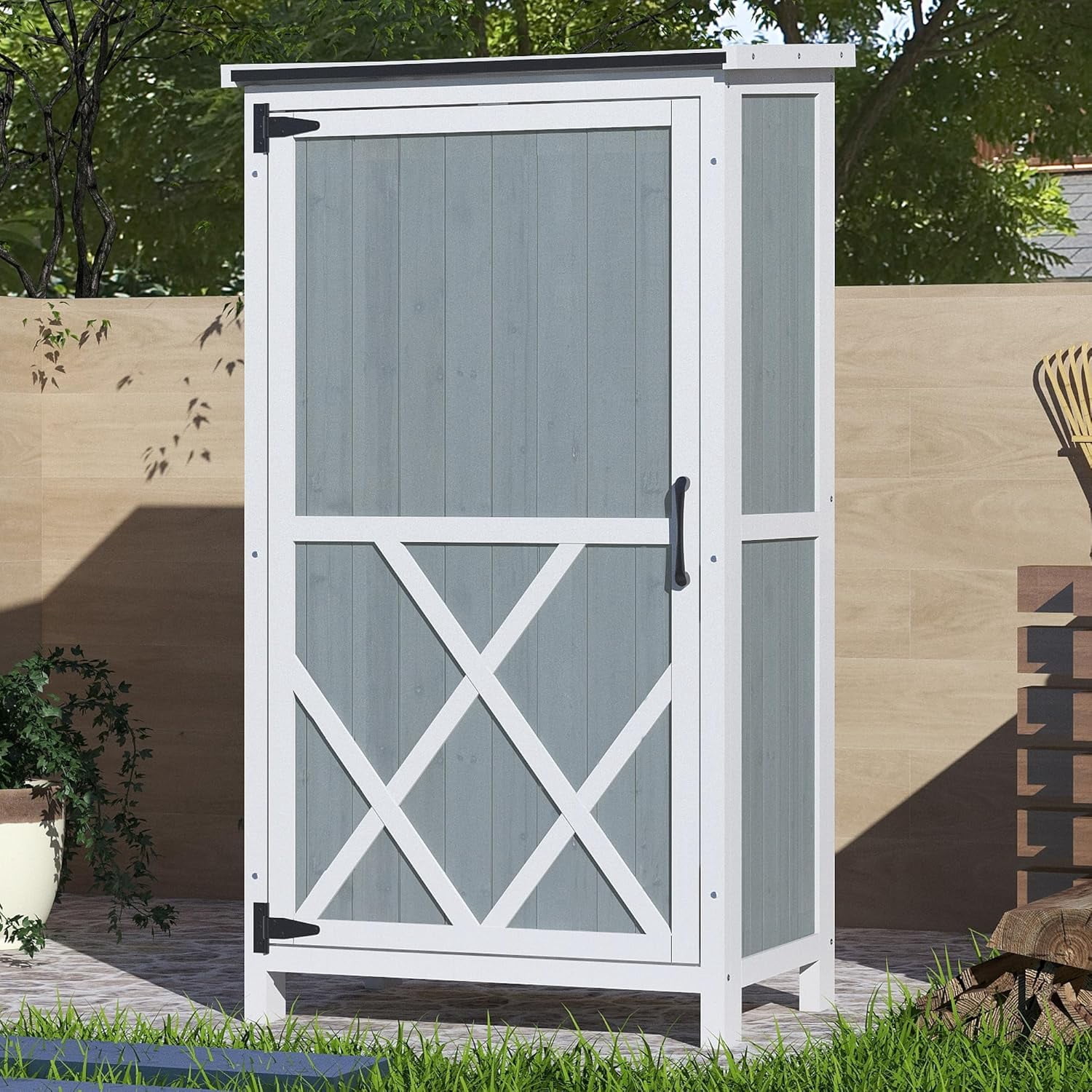 54" H Two-Tone Storage Shed with 5 Compartments, Garden Wood Storage ...