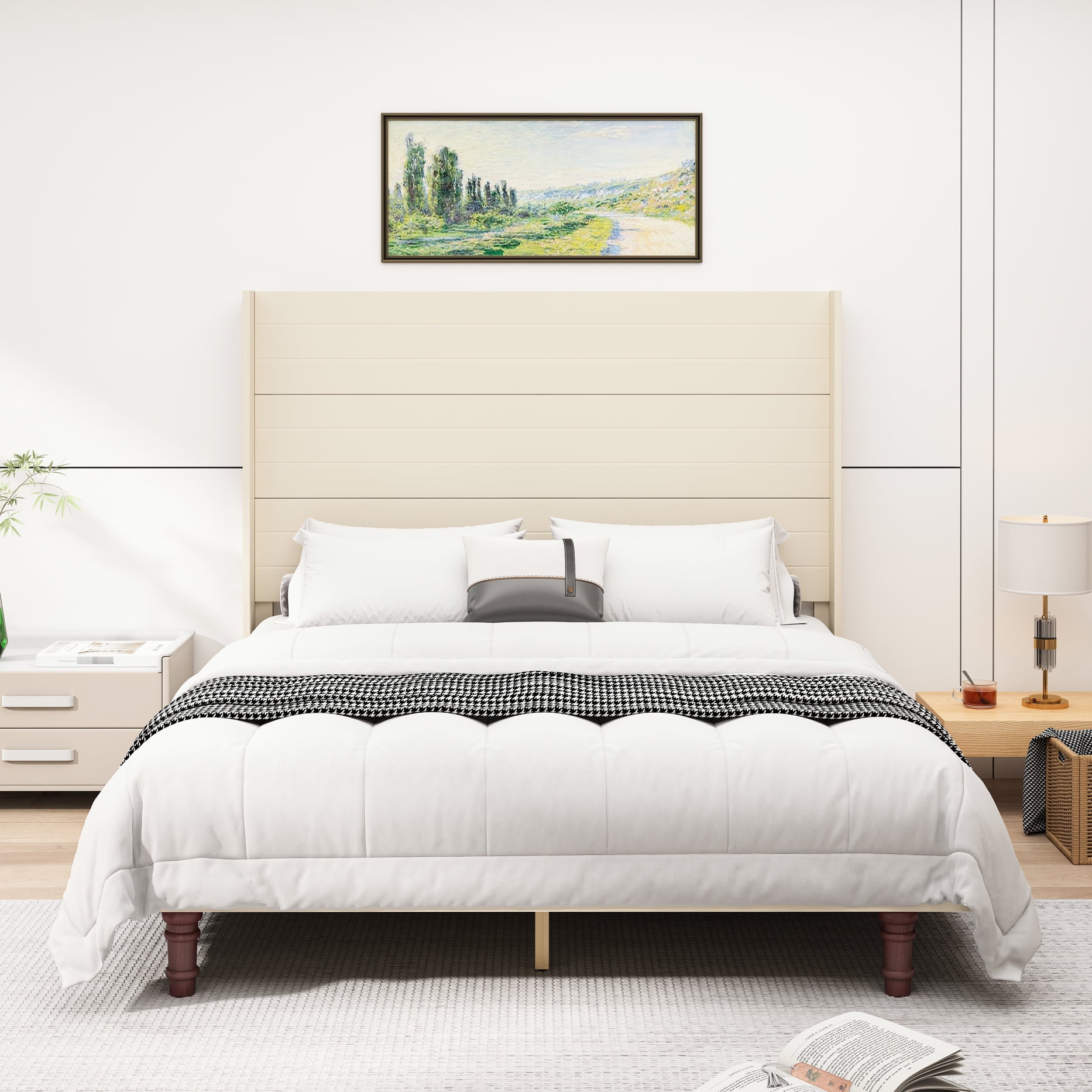 54" High Headboard Queen Bed, Beige - Enjoy A Stylish And Peaceful ...