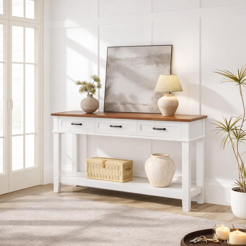 54-Inch Farmhouse 3-Tier Entryway Table - 3 Drawers & Storage Shelf ...