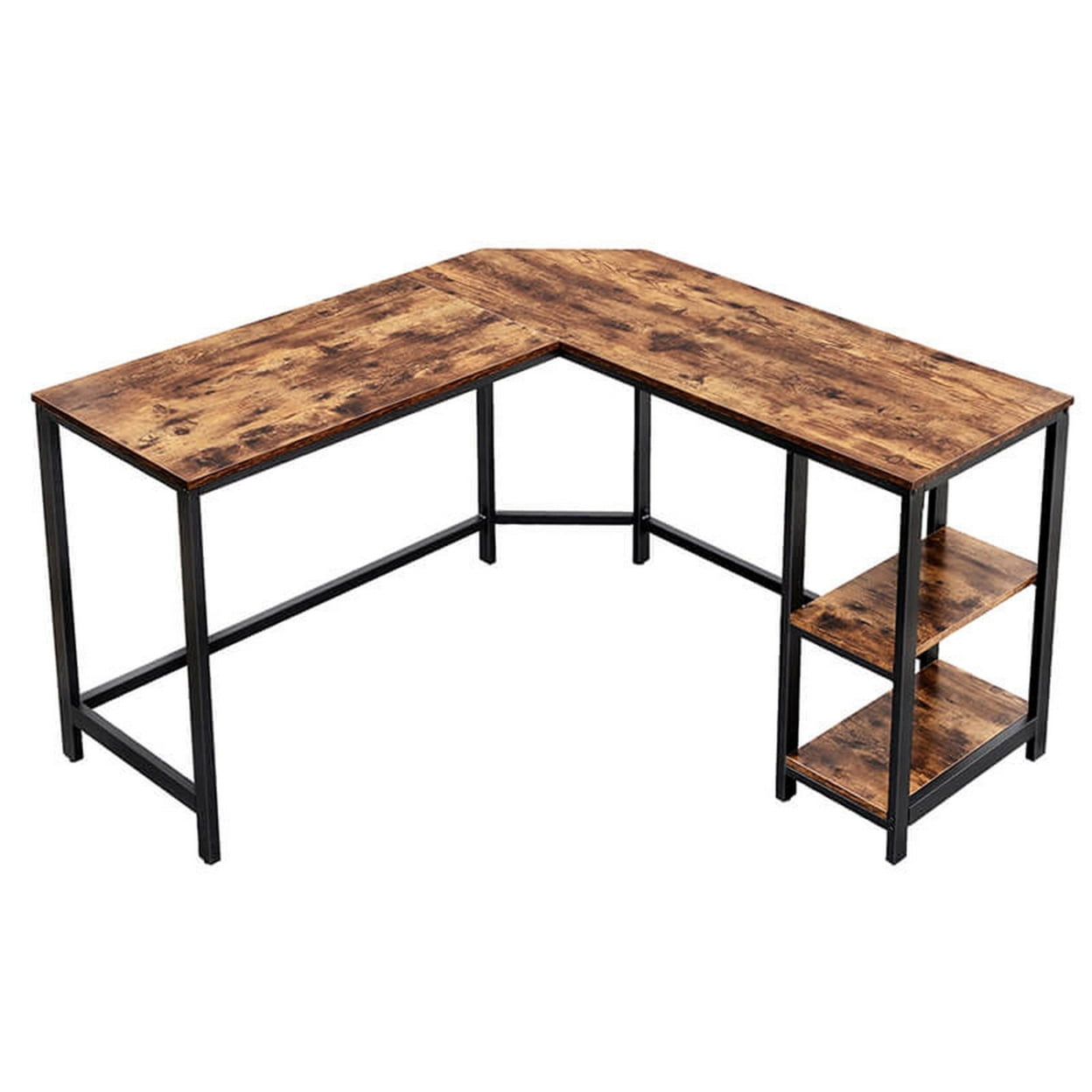 54 Inch L Shape Wood Computer Desk, 2 Shelves, Metal Legs, Brown and ...