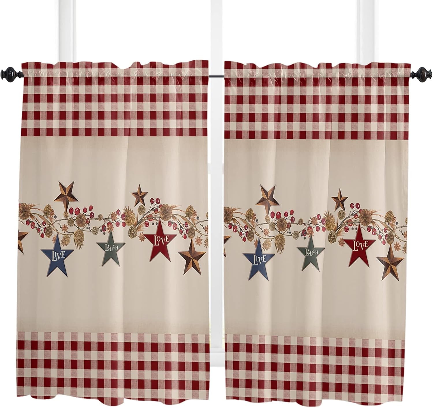 54 Inch Long Tier Curtains for Kitchen, Country Star Berries Red ...