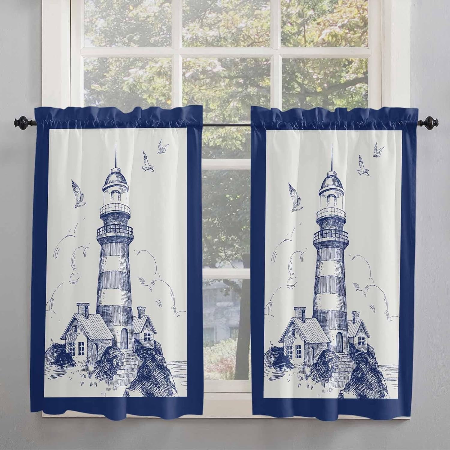 54 Inch Long Tier Curtains for Kitchen, Nautical Blue Retro Lighthouse ...