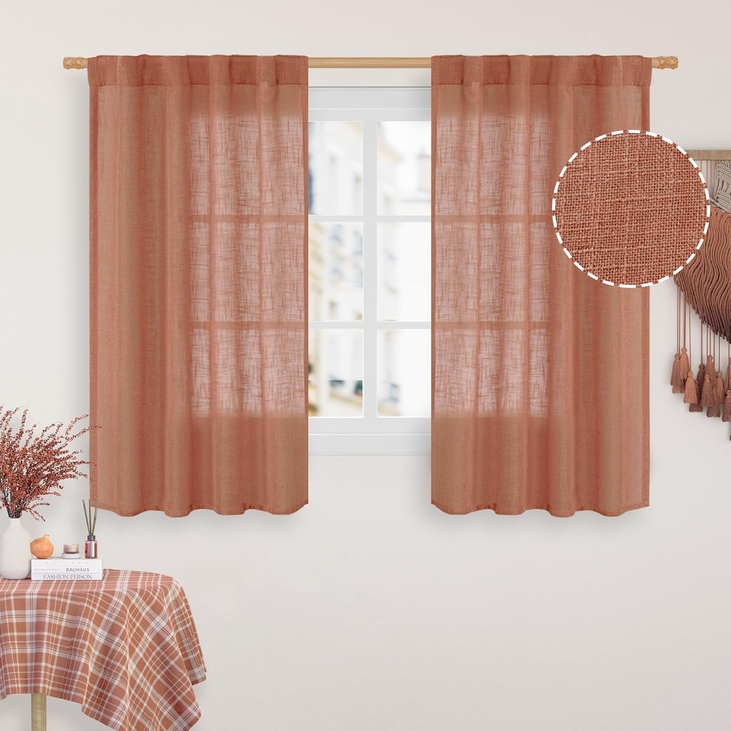 54 Inch Semi Sheer Window Linen Curtains, Light Filtering Panels Back ...