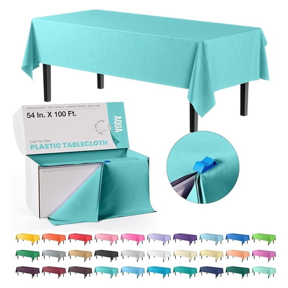 54 Inch X 100 Feet Aqua Plastic Table Cover Roll in A Cut - to - Size ...