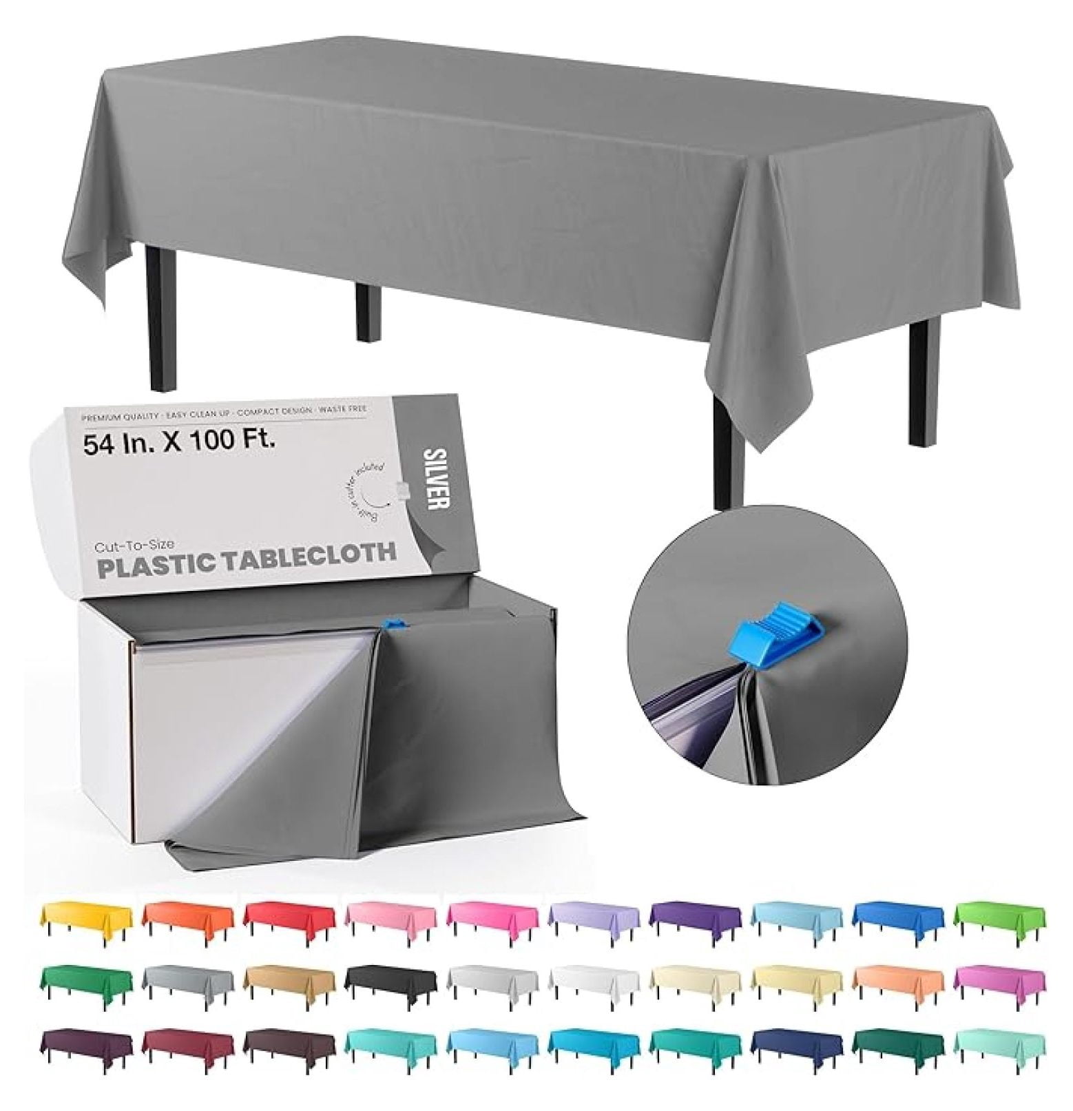 54 Inch X 100 Feet Silver Plastic Table Cover Roll in A Cut - to - Size ...