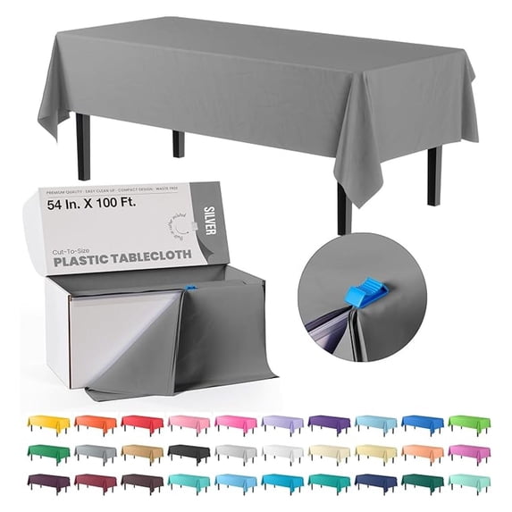54 Inch X 100 Feet Silver Plastic Table Cover Roll in A Cut - to - Size ...