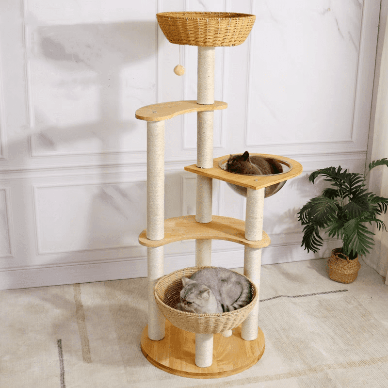 54" Modern Cat Tree for Large Cats, Wood Luxury Multi-Level Oak Solid ...