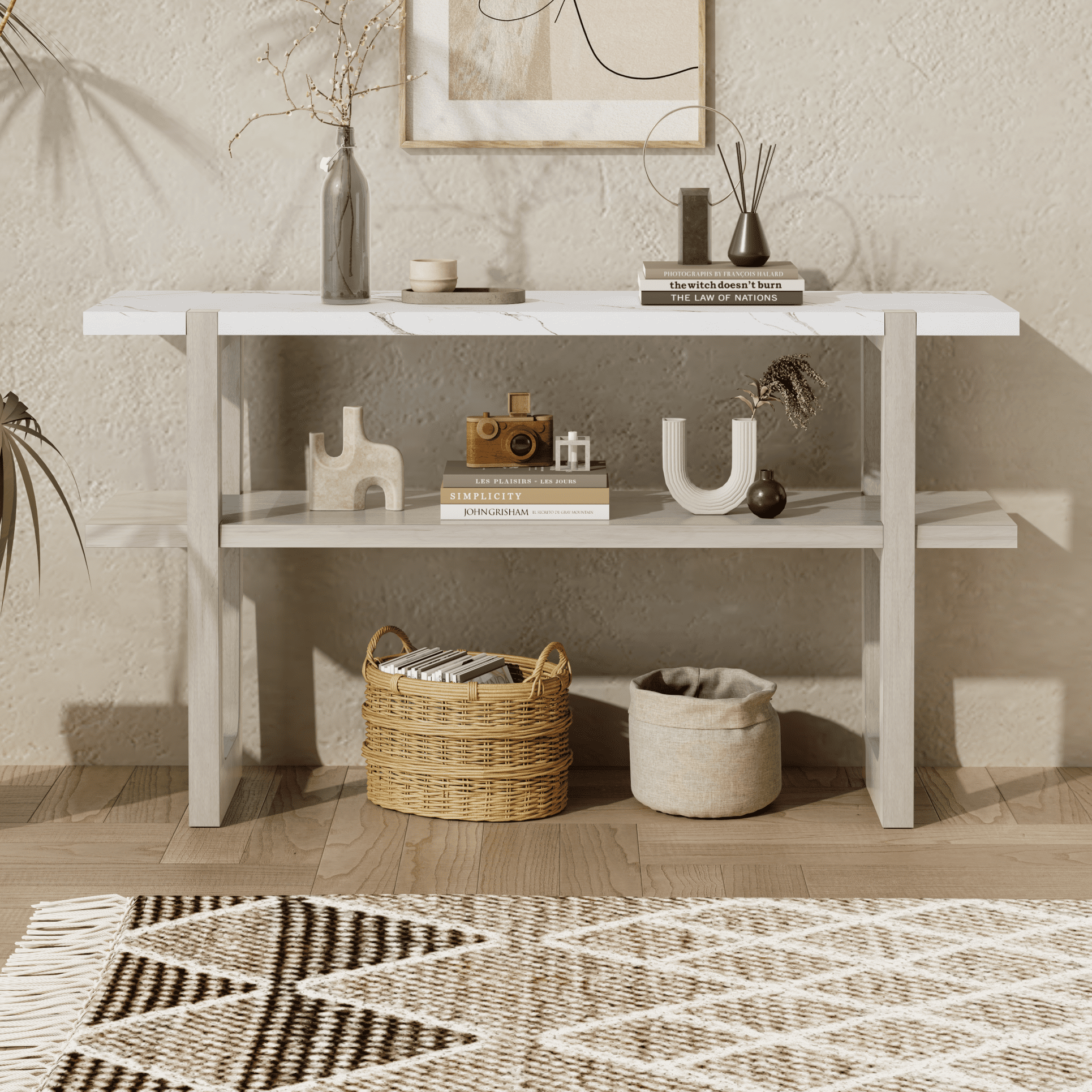 54'' Narrow Console Table with Marble-Effect Top, Retro Entryway Table ...