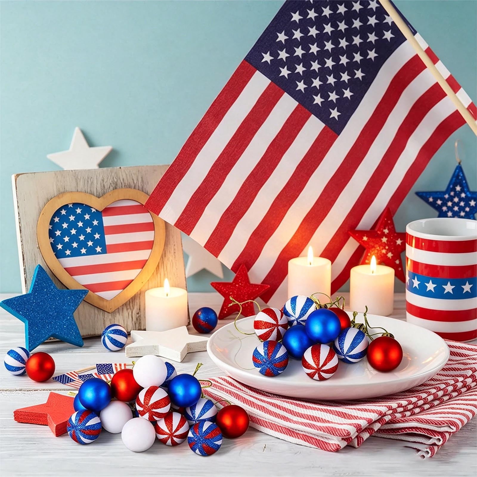 54 Pcs 1.57" Patriotic Letter Balls, Red White Blue Hanging Ornaments ...