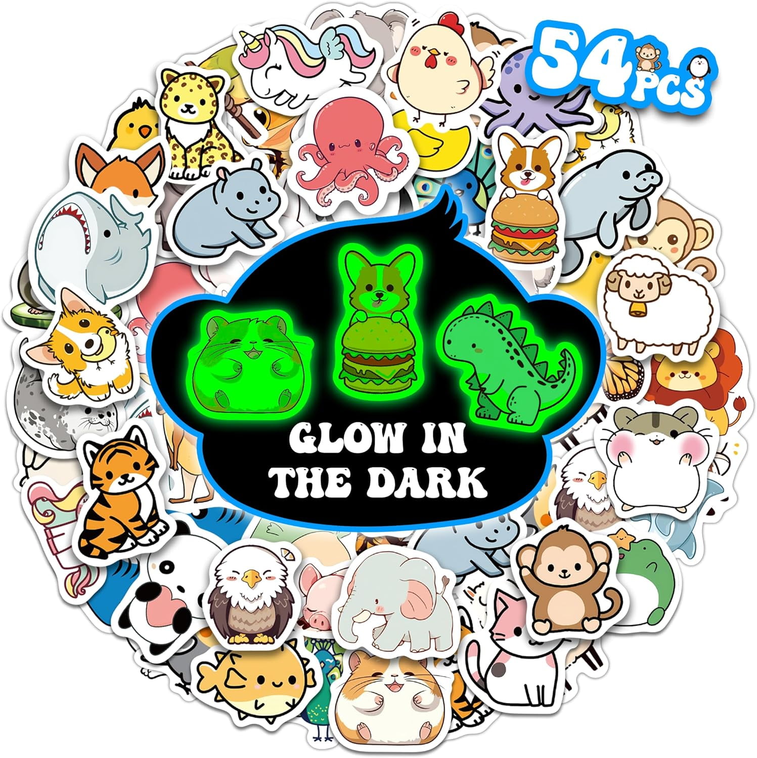54 Pcs Cute Animal Stickers for Kids Glow in The Dark, Waterproof ...