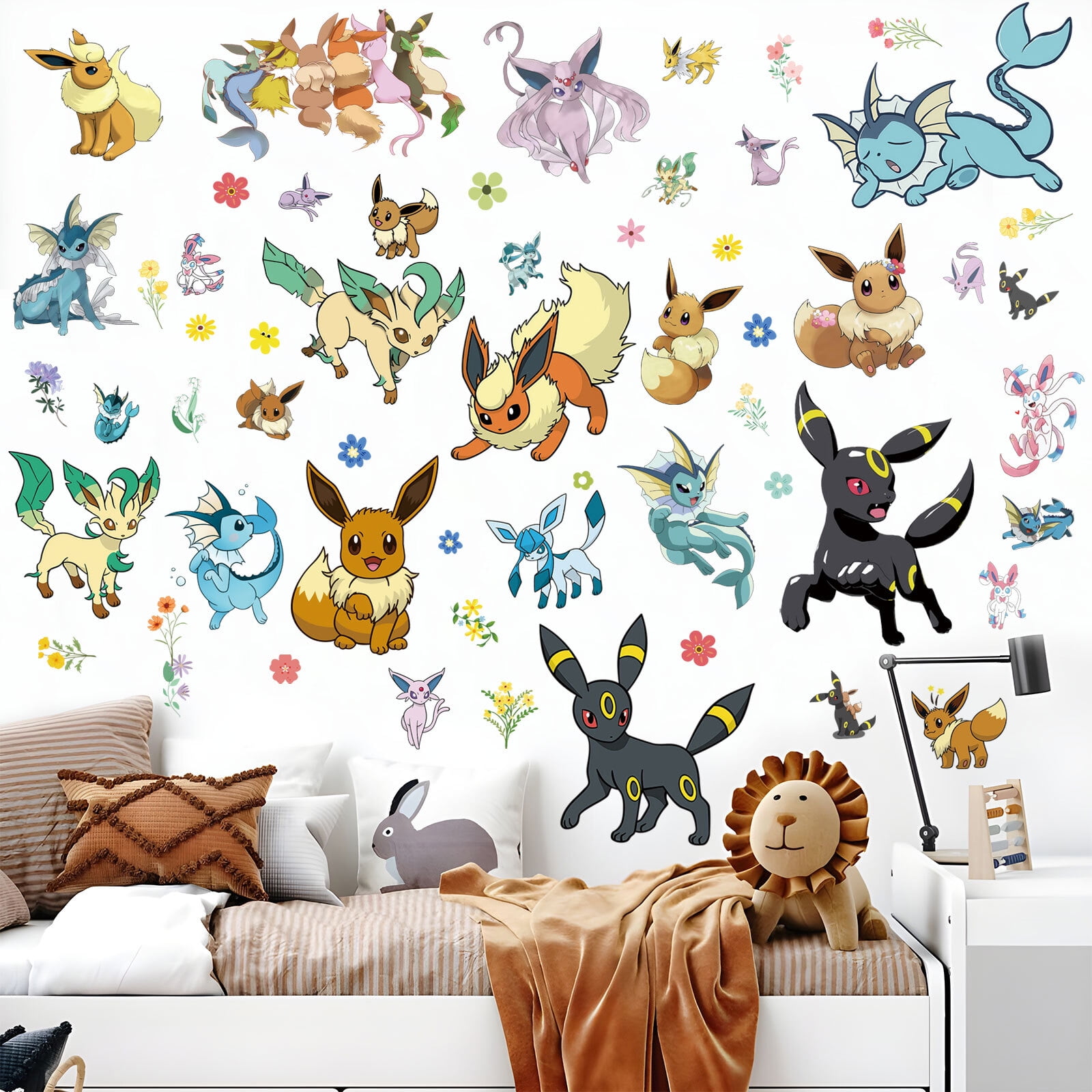 54 Pcs For Eevee Theme Wall Stickers,DIY Wall Stickers,PVC Removable Room Wall 4 Sheets 17.72x9 ...
