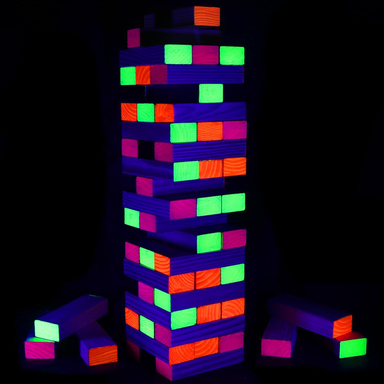 54 Piece Giant Tumble Tower Outdoor Games, Glow in The Blacklight ...