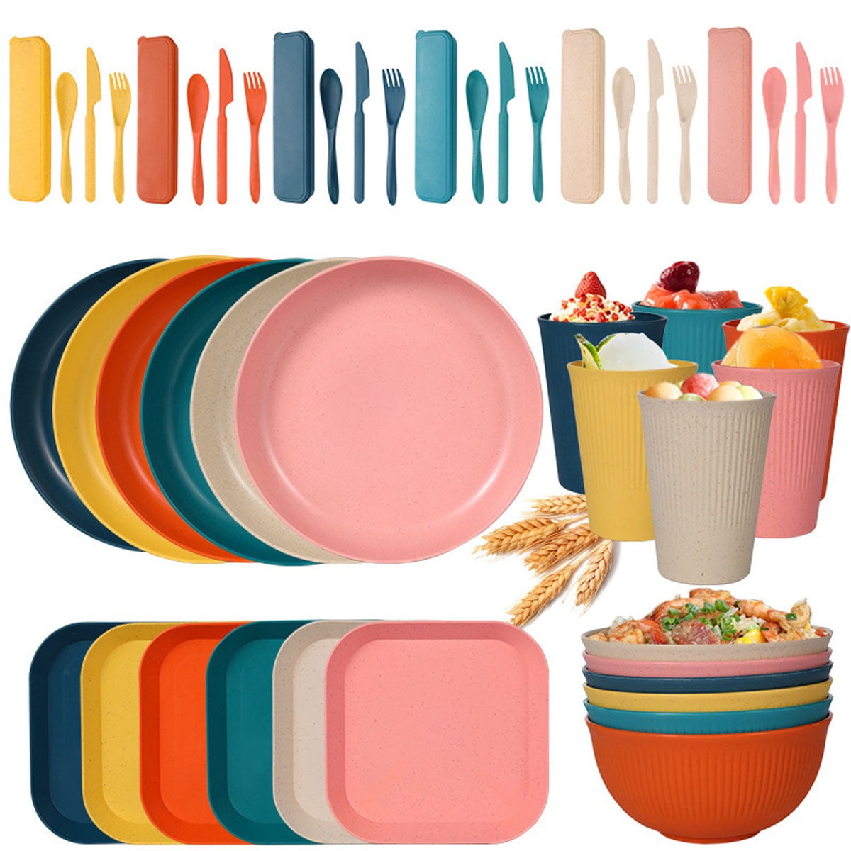 54-Piece Wheat Straw Dinnerware Set for 6 People – Unbreakable Reusable ...