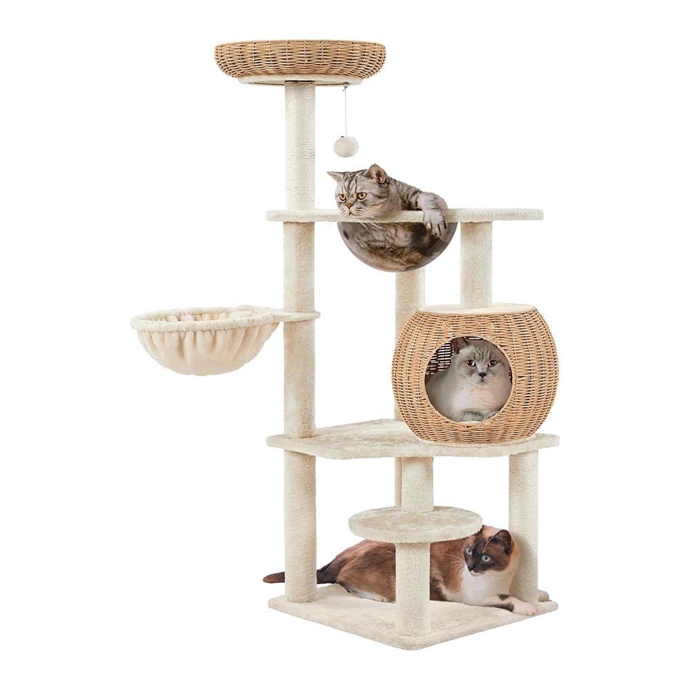54 In Rattan Cat Tree Tower, Cat Tree with Clear Bowl, Washable ...