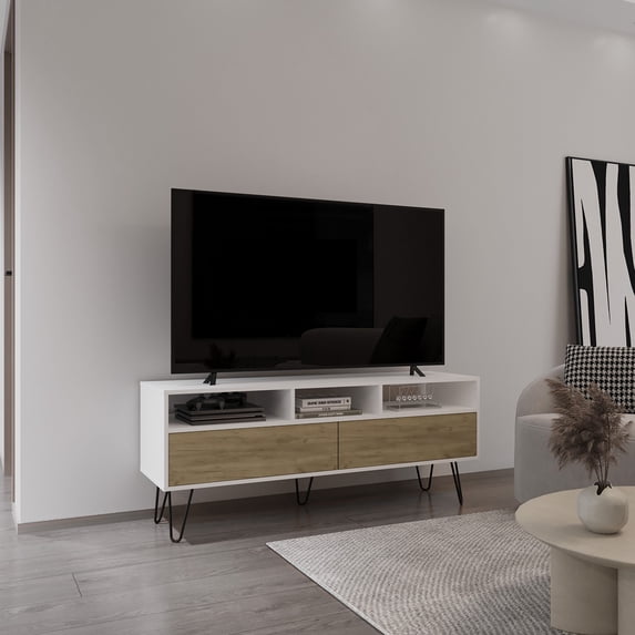 54" TV Stand with Pull Down Doors and Cable Management, White and ...