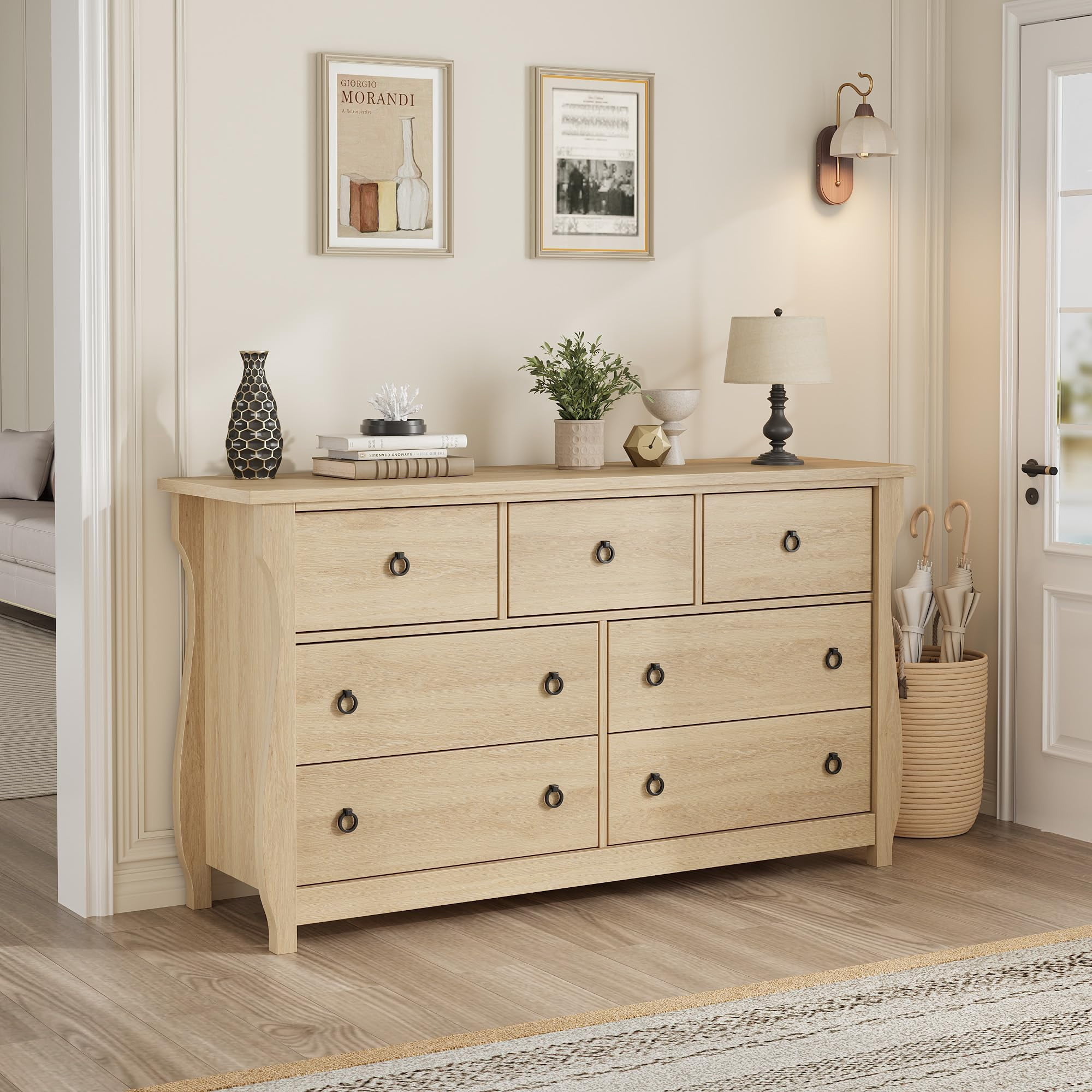 54" Wide 7-Drawer Dresser with Ring Pull Handles – White Wood, for ...