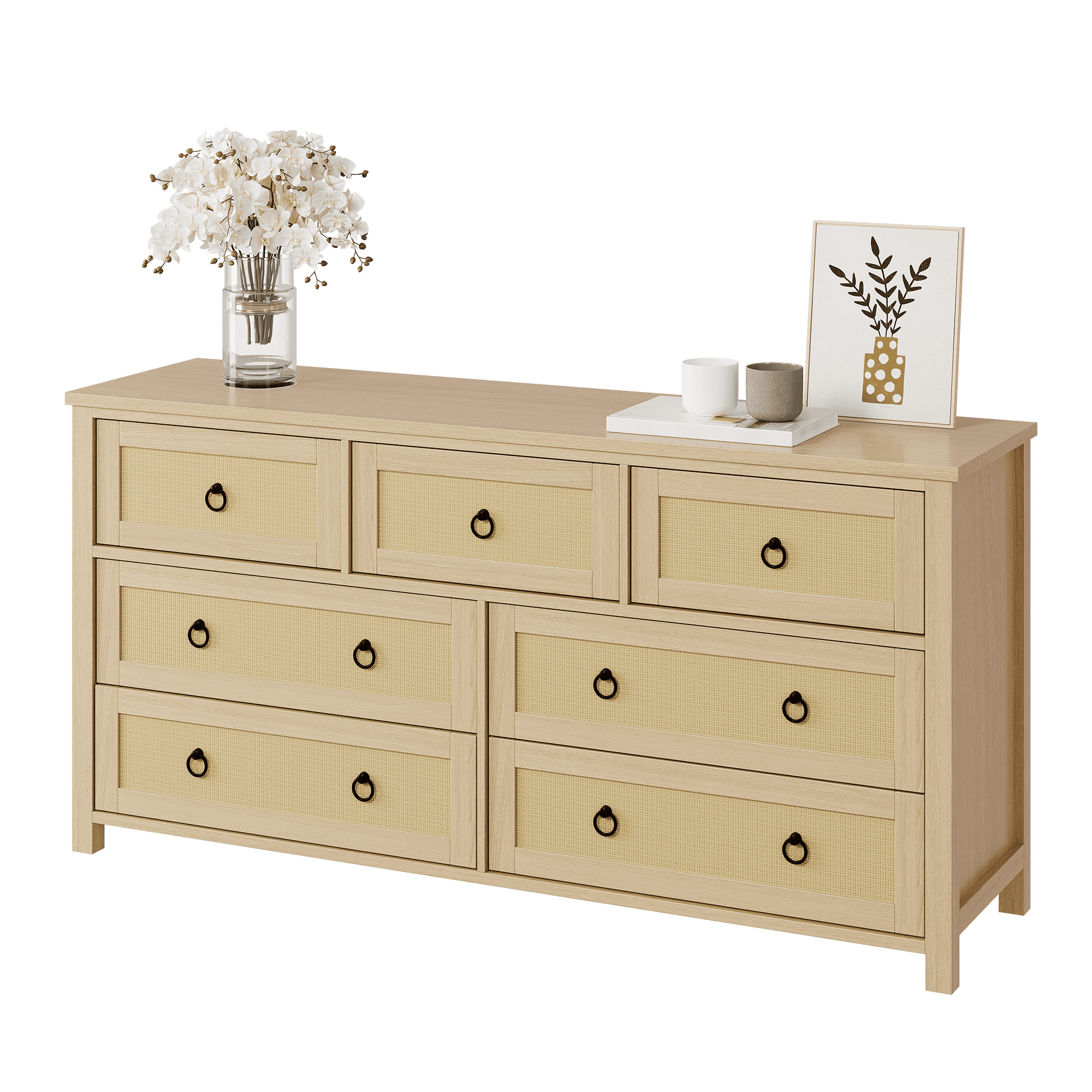 54'' Wide 7-Drawer Rattan Dresser – Large Clothes Storage Cabinet, Wood ...