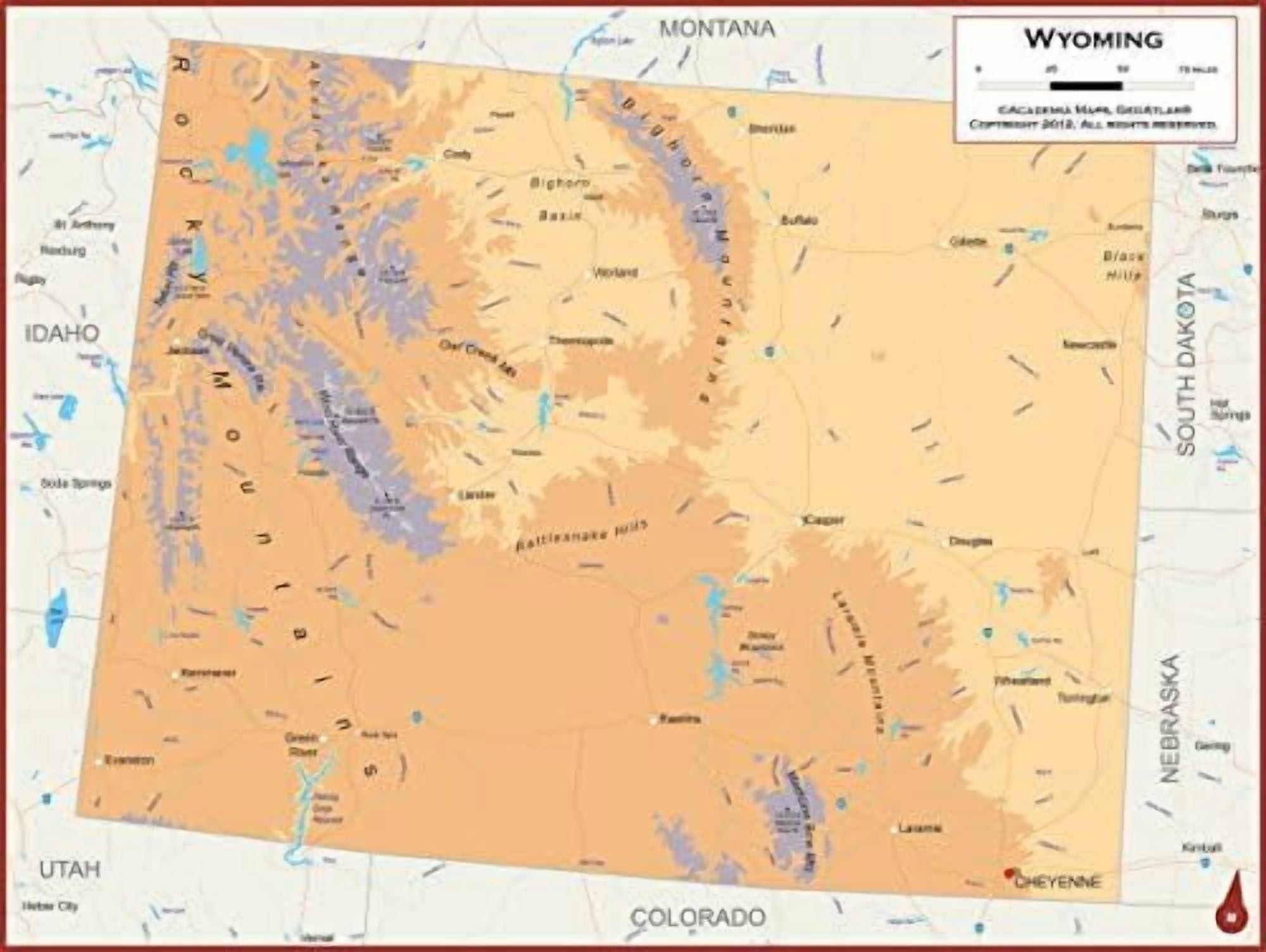 54 x 41 Large Wyoming State Wall Map Poster with Topography - Classroom Style Map with Durable ...