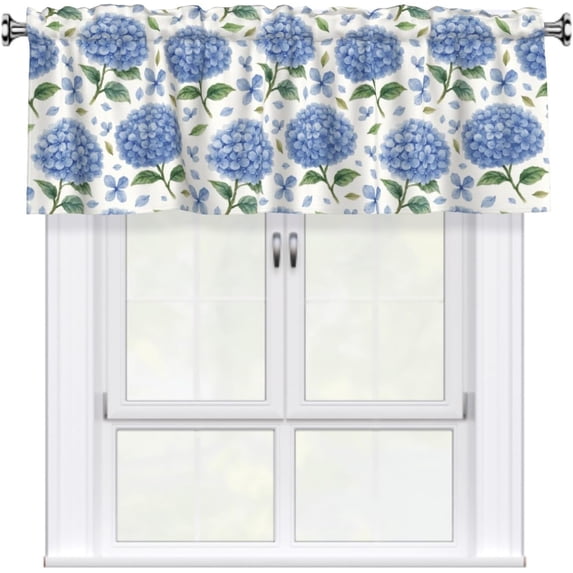54"x18" Hydrangea Flower Kitchen Valance for Window Spring Blue Floral ...